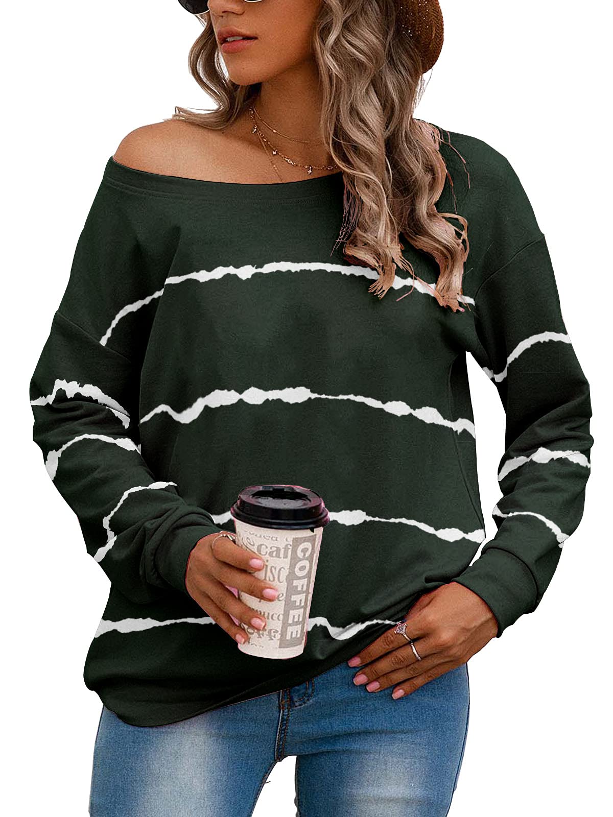 SENFURE Crewneck Sweatshirt for Women Striped Graphic Print Sweatshirt Fashion Pullover Outer, Army, Large
