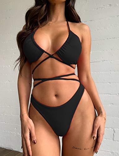 QINSEN Sexy Bikini Swimsuit for Women Strap Criss Cross Two Piece Bathing Suit Cheeky Bottom Black S