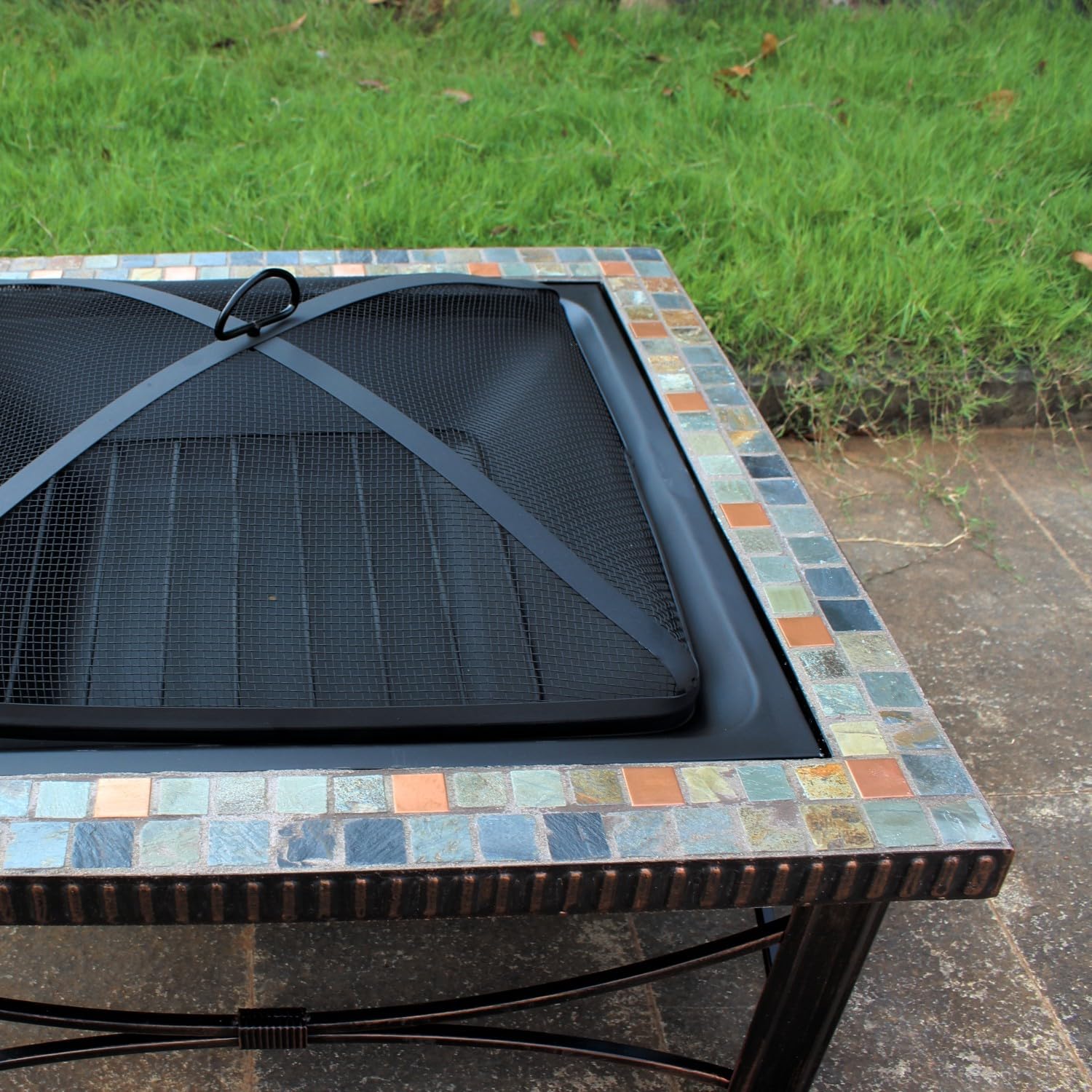 OutVue 30 inch Fire Pits Table for Outside with Real Slate, Wood Burning Outdoor Fire Pit with Waterproof Cover & Fire Poker& Log Grate& Spark Screen, Square Fireplaces for Camping,Patio,Bonfire