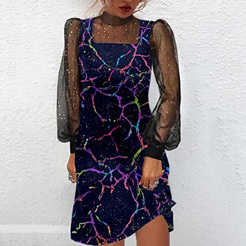 Pinkpaopao Mesh Long Sleeve Party Dress for Women Spring and Summer Graphics Printed Mini Dress Navy