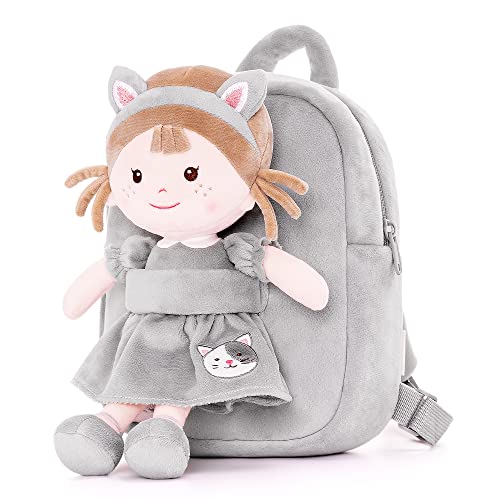Onetoo Toddler Backpack Kids Backpacks with Soft Plush Baby Dolls Gray Cat 9.5"