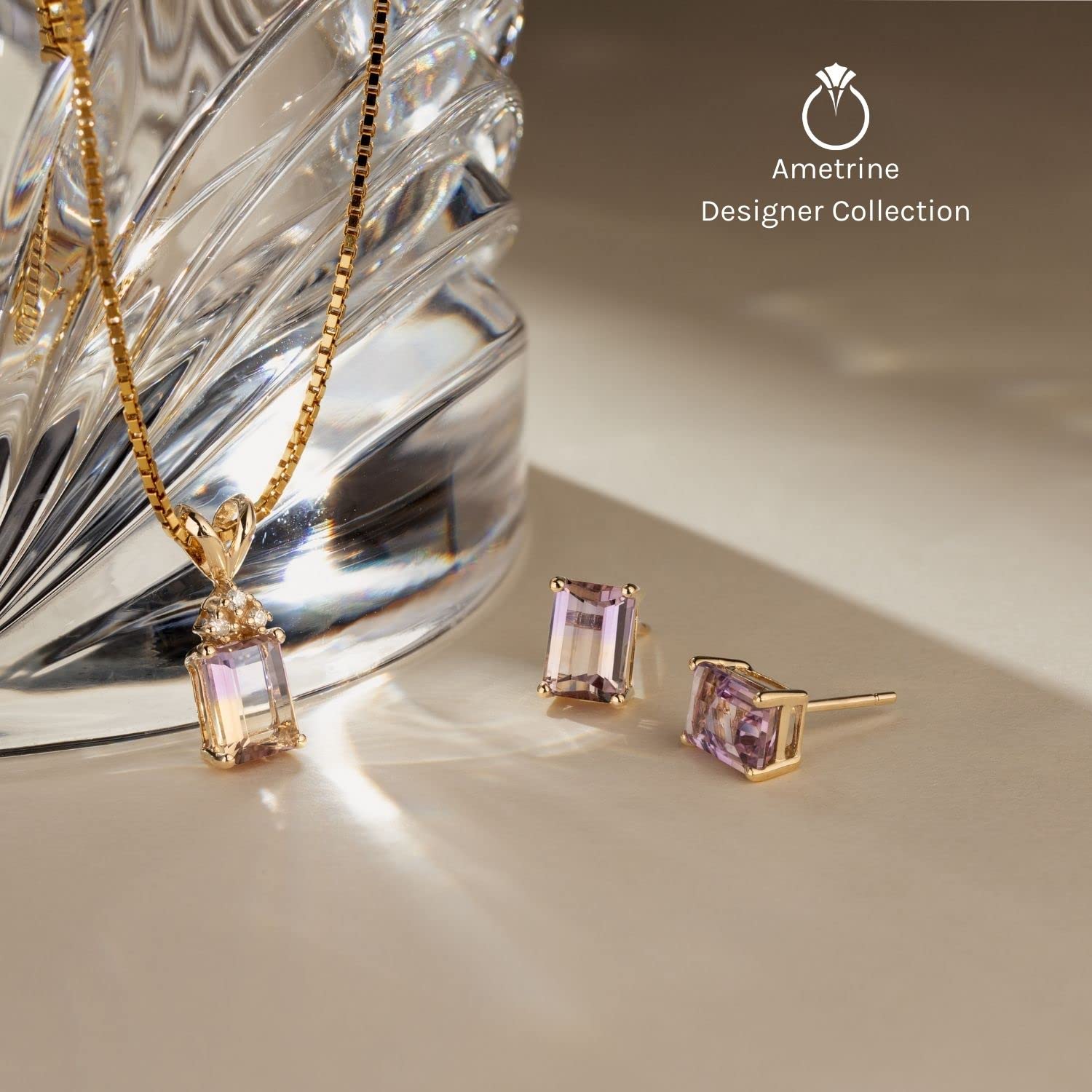PEORA Solid 14K Yellow Gold Ametrine with Diamonds Pendant for Women, Genuine Gemstone Solitaire, Emerald Cut, 7x5mm, 1 Carat total