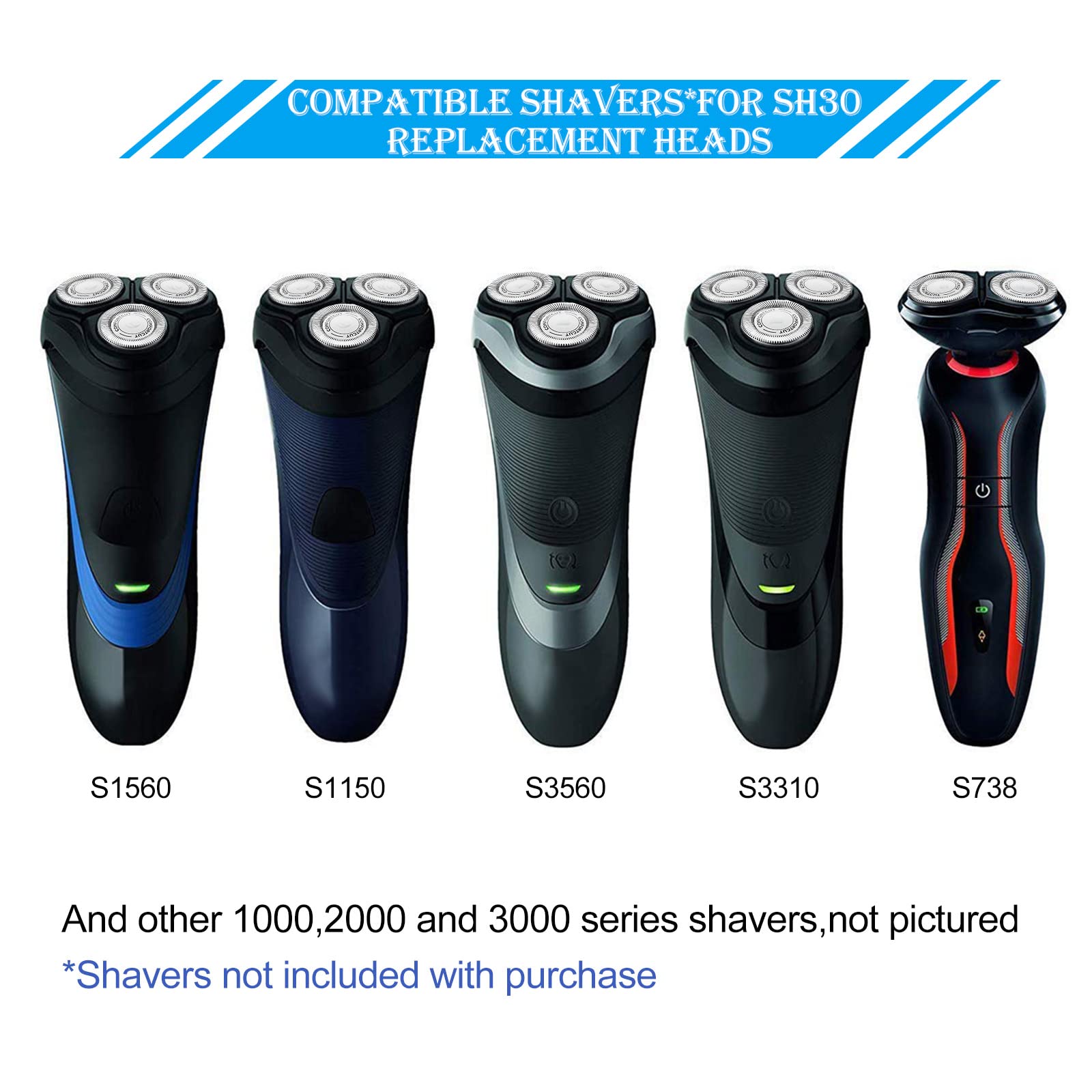 SH30 Replacement Head Compatible with Electric Shaver Series 1000, 2000, 3000 Click and Style with Pointed Blade, Non-Original (12 Pieces)