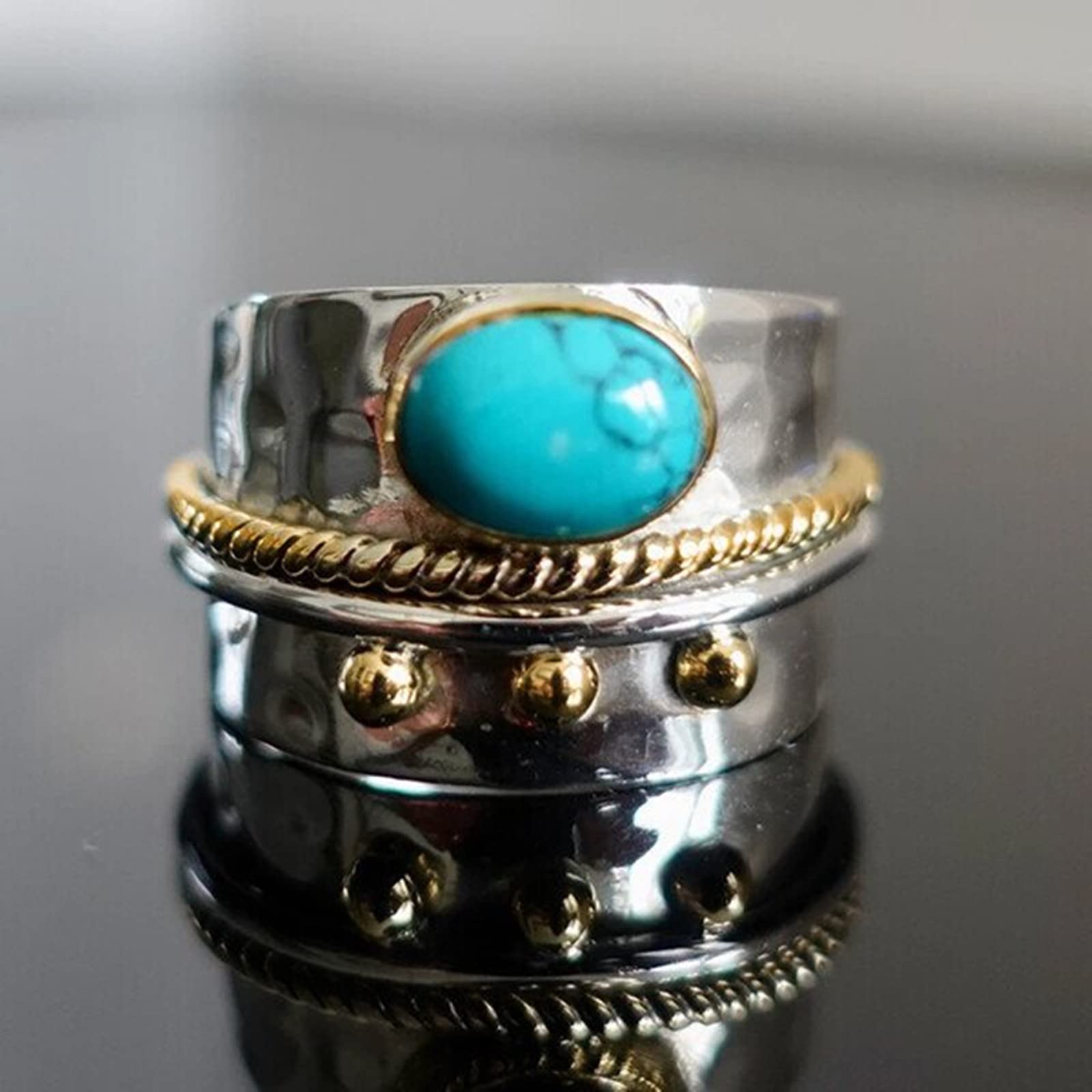 XLAQ Turquoise Wide Band Ring, Boho Vintage Two Tone Ring, Exquisite Rings Gift for Festival Birthday Anniversary (US10)
