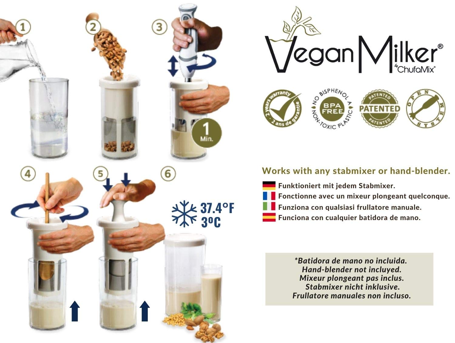 Vegan Milker by Chufamix, kitchen tool to make Plant Milks (soy, rice, oats & nut milk maker) or Coffee (from whole beans). Made in Europe. Recipe E-Book