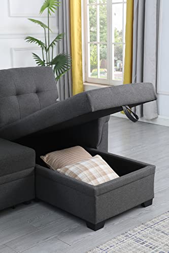 OMMGG 84'' L-Shape Convertible Sleeper Sectional Sofa, Linen Upholstered Reversible Corner 3 Person Couch with Storage Chaise and Pull-Out Bed, for Living Room, Apartment, 84, Dark Gray-1