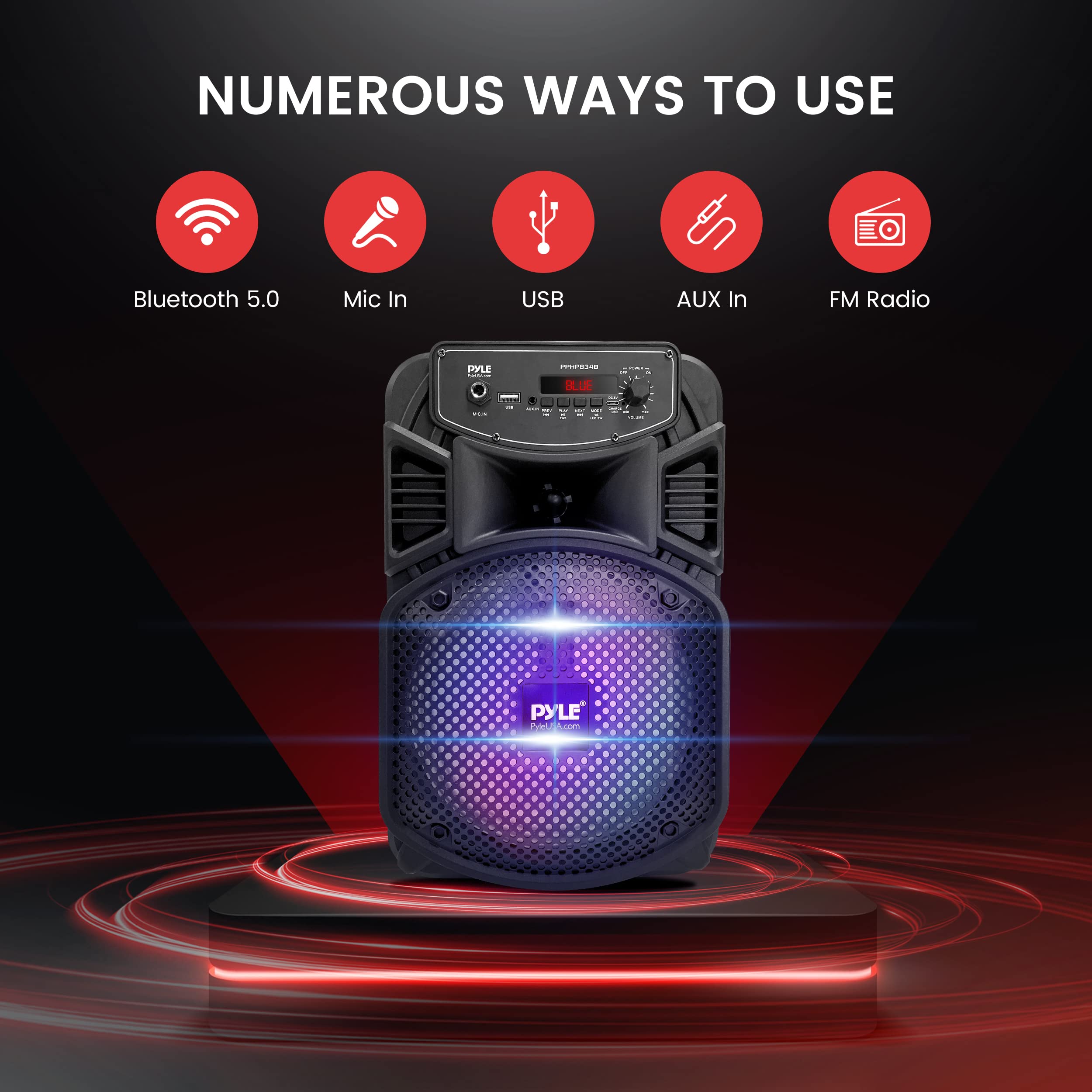 Pyle Portable Bluetooth PA Speaker System-300W Rechargeable Indoor/Outdoor Bluetooth Speaker Portable System w/ 8β Subwoofer 1β Tweeter, Microphone in, Party Lights, MP3/USB, Radio, Remote PPHP834B