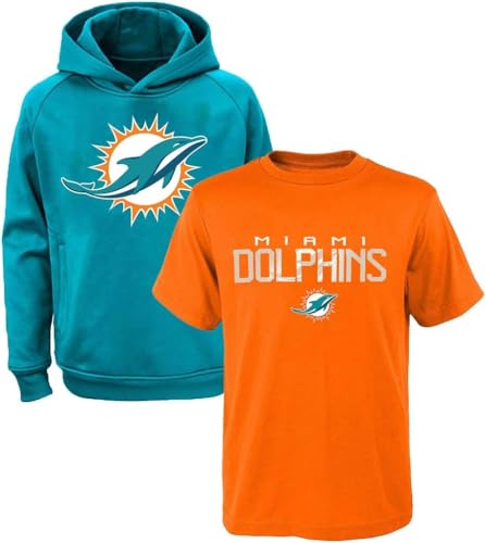 Outerstuff NFL Youth 8-20 Polyester Performance Primary Logo Hoodie & T-Shirt 2 Pack Set (10-12, Miami Dolphins)