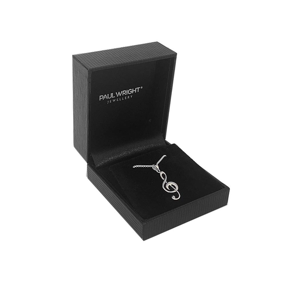 Paul Wright 925 Sterling Silver Treble Clef Pendant Necklace, Perfectly Sculptured, 16” with 2” Extender