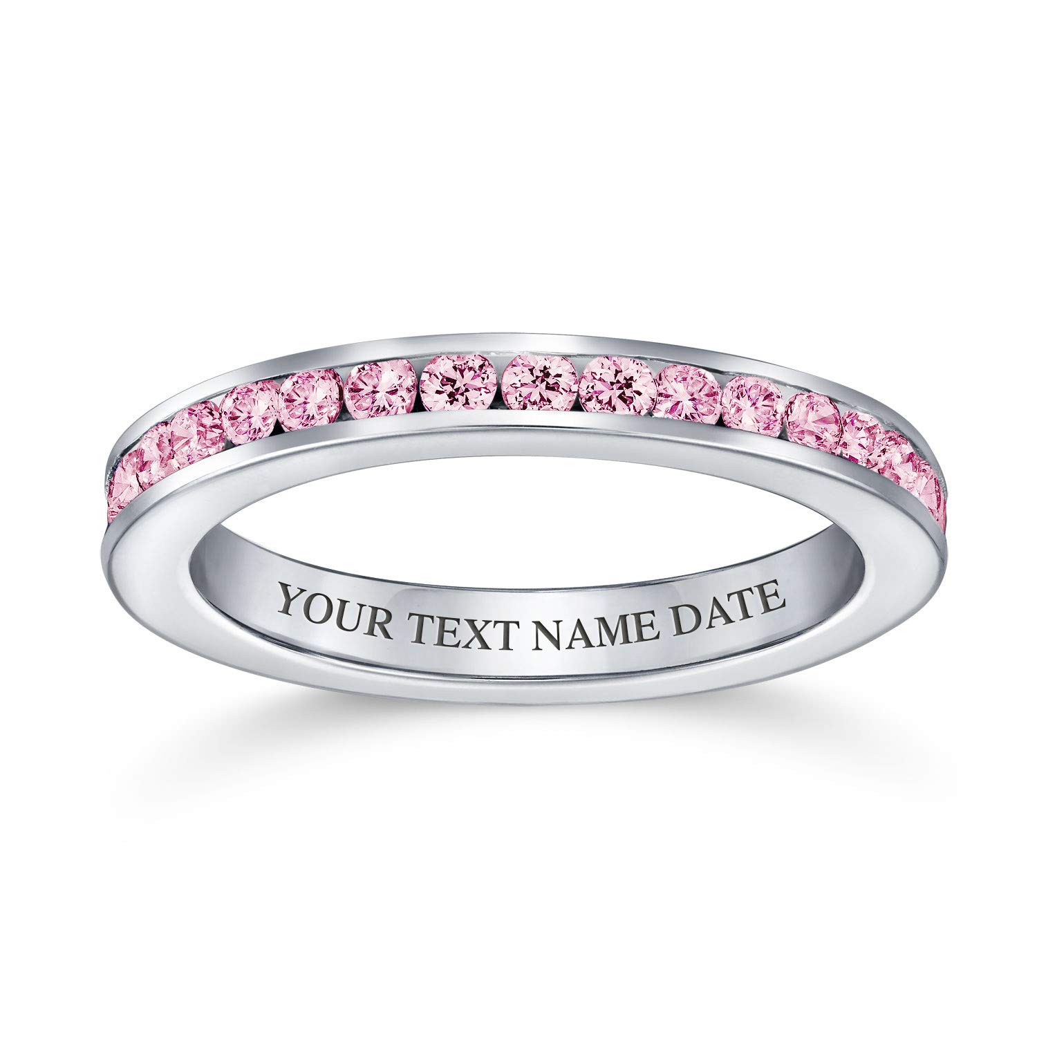 Personalized Cubic Zirconia Pink CZ Channel Set Eternity Band Ring Simulated Tourmaline Sterling Silver Custom Engraved