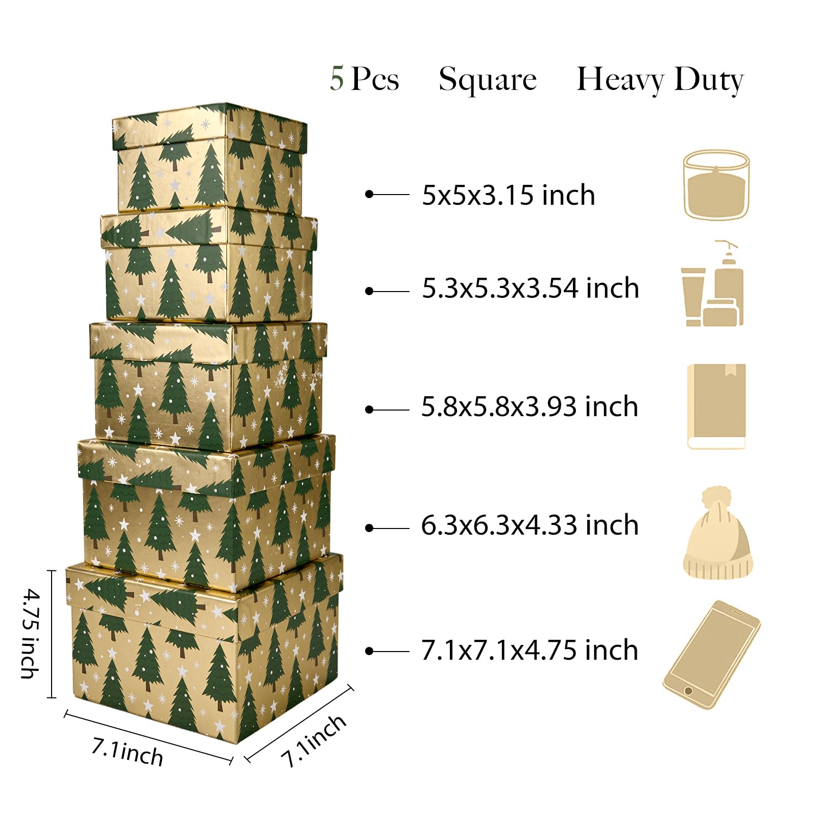 PAPER FAIR 5PCS Christmas Nesting Gift Boxes Set, Gold Foil Green Xmas Tree Flat Square Cardboard Nested Box with Lid, for Gift Wrapping Holiday Present Birthday, Assorted Size