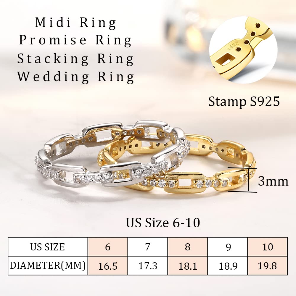 ZELORES 925 Sterling Silver Chain Link Rings for Women Simple Cubic Zirconia Eternity Rings Band Stacking Gold Rings Size 8