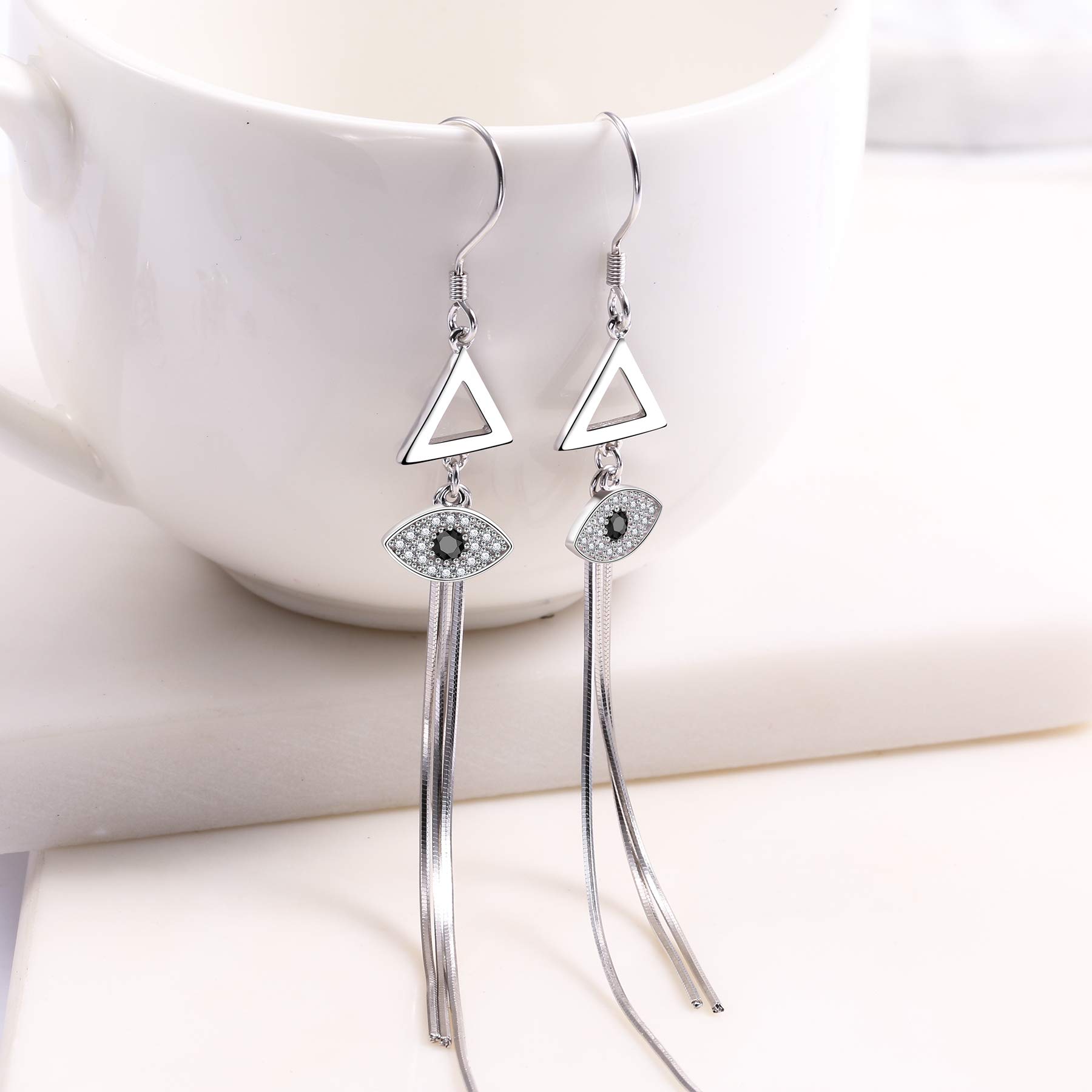 S925 Sterling Silver Evil Eye Drop Dangle Long Tassel Earrings for Women Girl