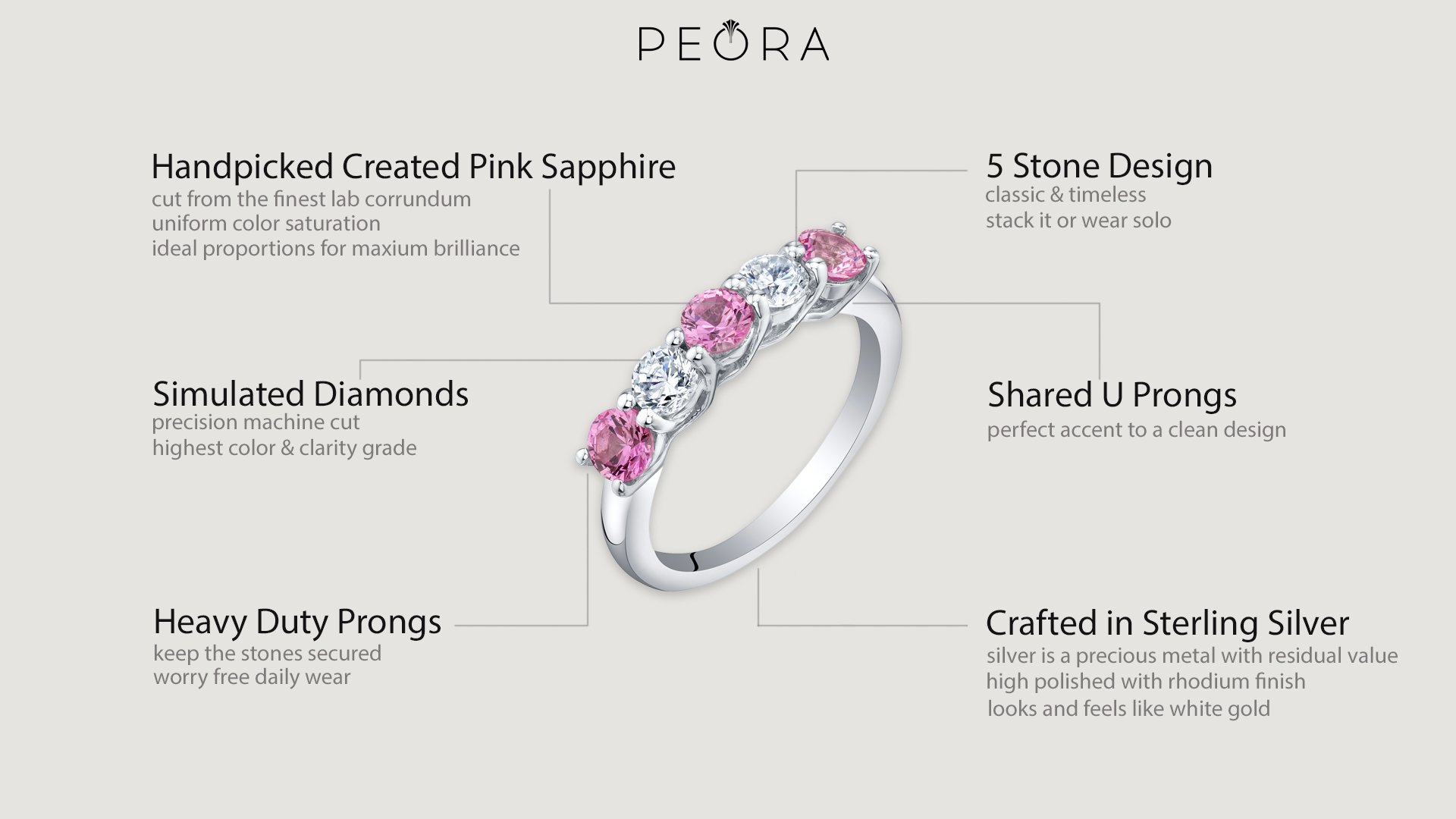 PEORA Created Pink Sapphire Half Eternity Ring for Women 925 Sterling Silver, 0.75 Carat total, Dainty Trellis Band, 3.5mm, Size 9