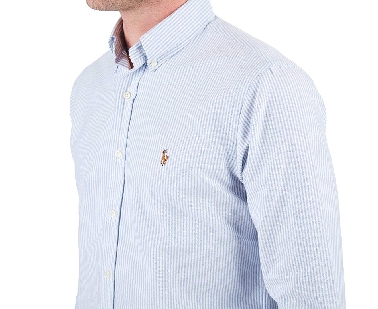Polo Ralph Lauren Mens Classic Fit Oxford Longsleeve Buttondown Shirt (Blue White Stripe, Medium)