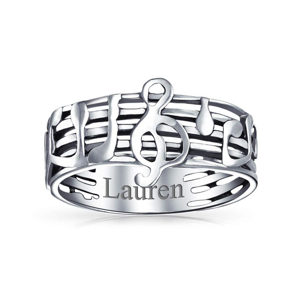 Personalize Musician Student Teacher Bar Measure Treble Clef Note Music Band Ring For Teen For Women Oxidized .925 Sterling Silver Customizable