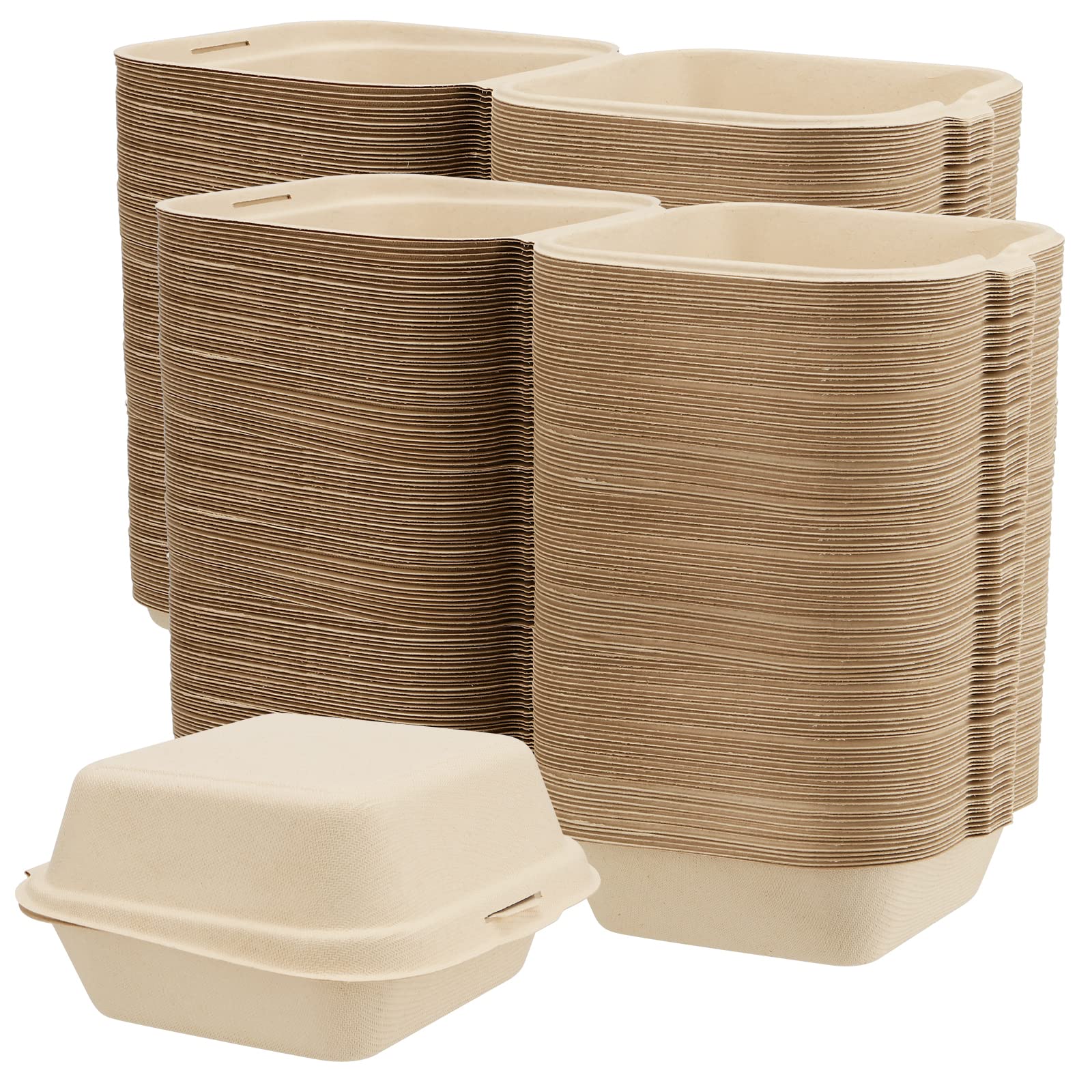 NINGWAAN 100 Pack 6x6 Inch Clamshell Takeout Containers, Single Compartment Clamshell Takeout Box with Hinged Lid, Sugarcane Clamshell To Go Box Containers for Party, Restaurant, Food Truck, Brown