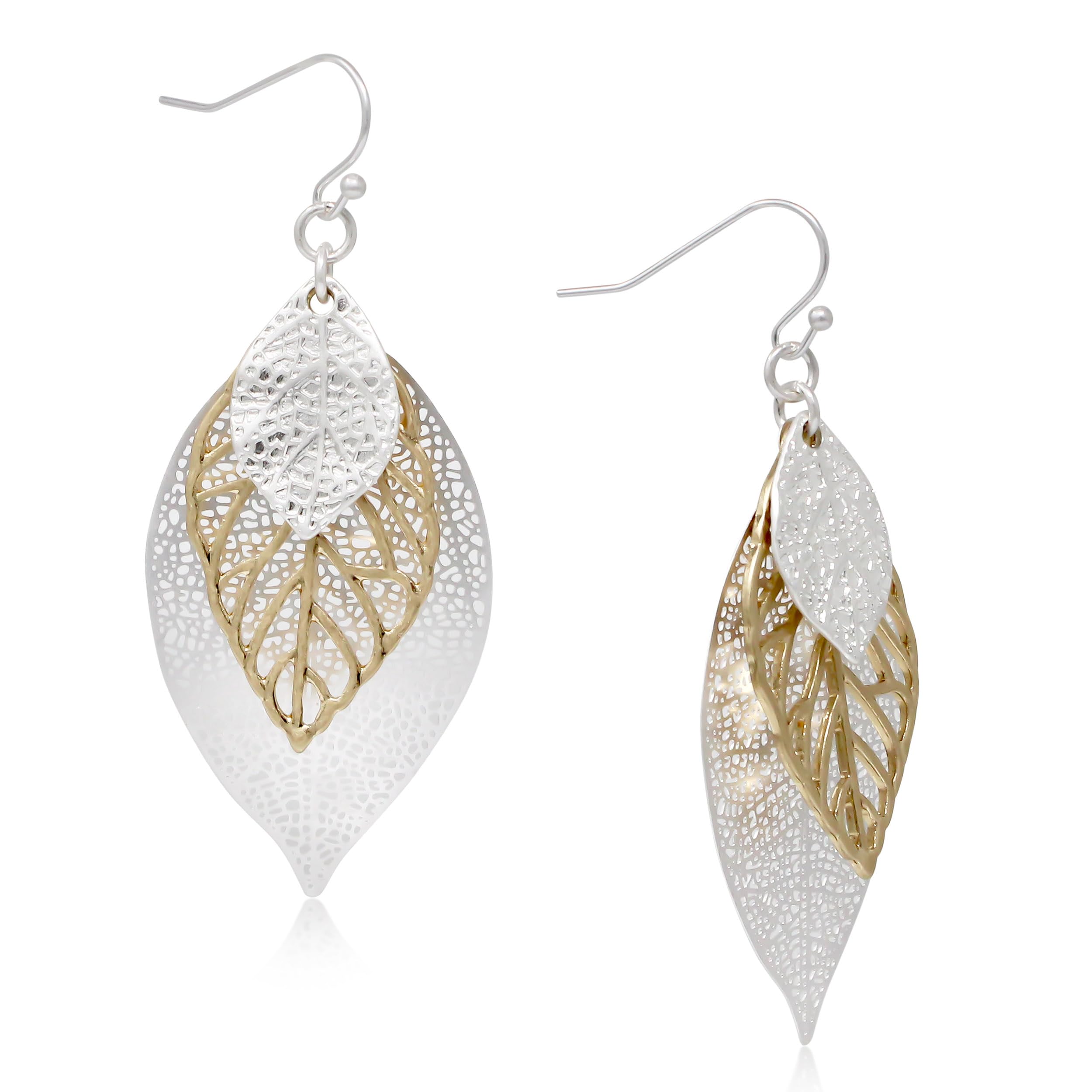 Pomina Choco Gold Fashion Fall Leaf Boho Earrings Gold Silver Two Tone Filigree Leaf Dangle Drop Earrings for Women (ChocoGold_Earrings)