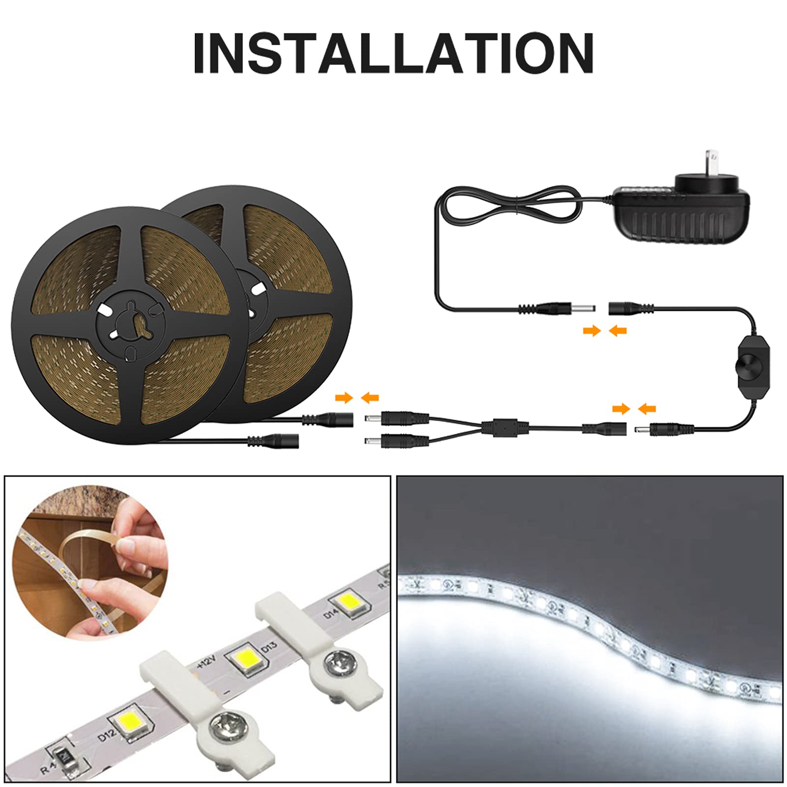 Onforu LED Strip Lighting Bright White, 65.6ft 6000K Dimmable Daylight White Tape Light, 20m 1200 LEDs 2835 Flexible Ribbon Easter Light, 12V Adhesive Rope Light for Kitchen, Under Cabinet, Bedroom