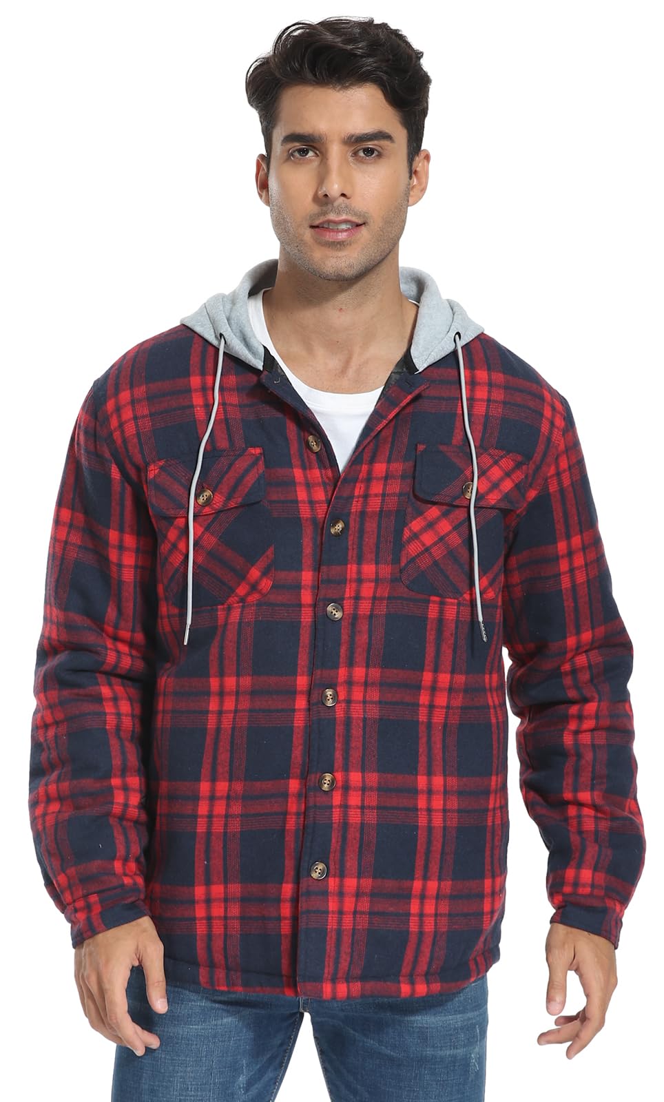 PEGENO Men's Long Sleeve Plaid Button Quilted Lined Flannel Shirt Jacket with Hood(Red Grid-US X-Large)