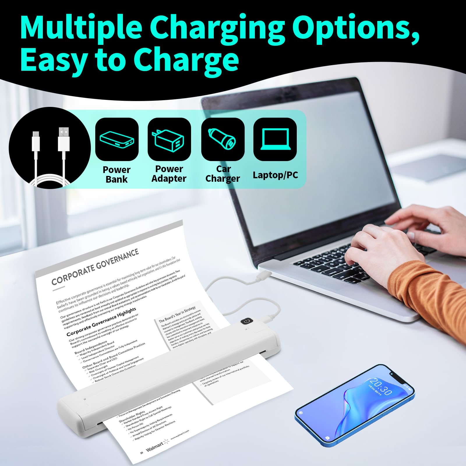 Nameer Portable Printers Wireless for Travel, Support 8.3" x 11.7" US Letter, Wireless Printer no Ink for Mobile Office (without Paper Bin, White)
