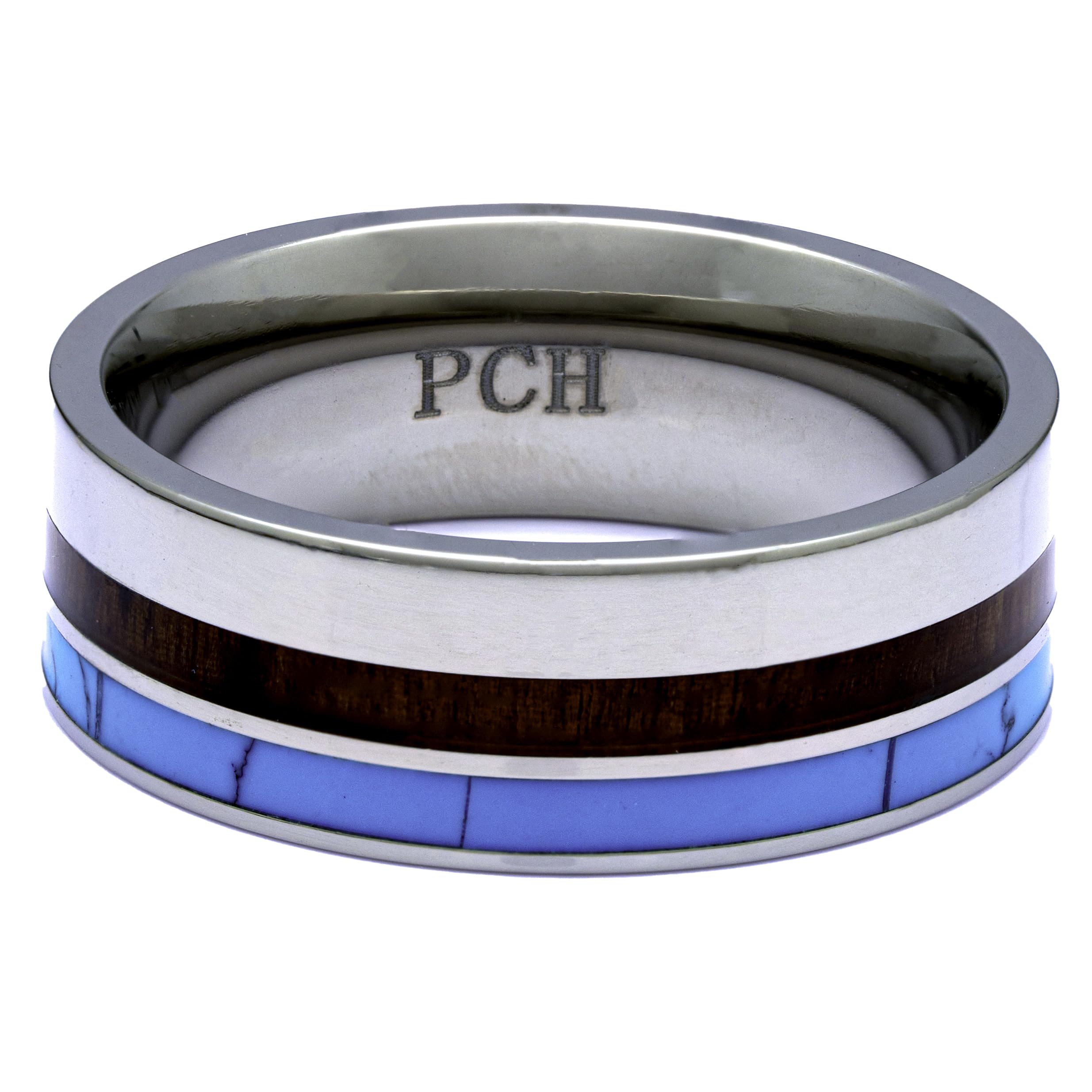 PCH Jewelers Turquoise and Koa Wood Ring set in Titanium High Polish Wedding Bands 8mm Comfort Fit (10)