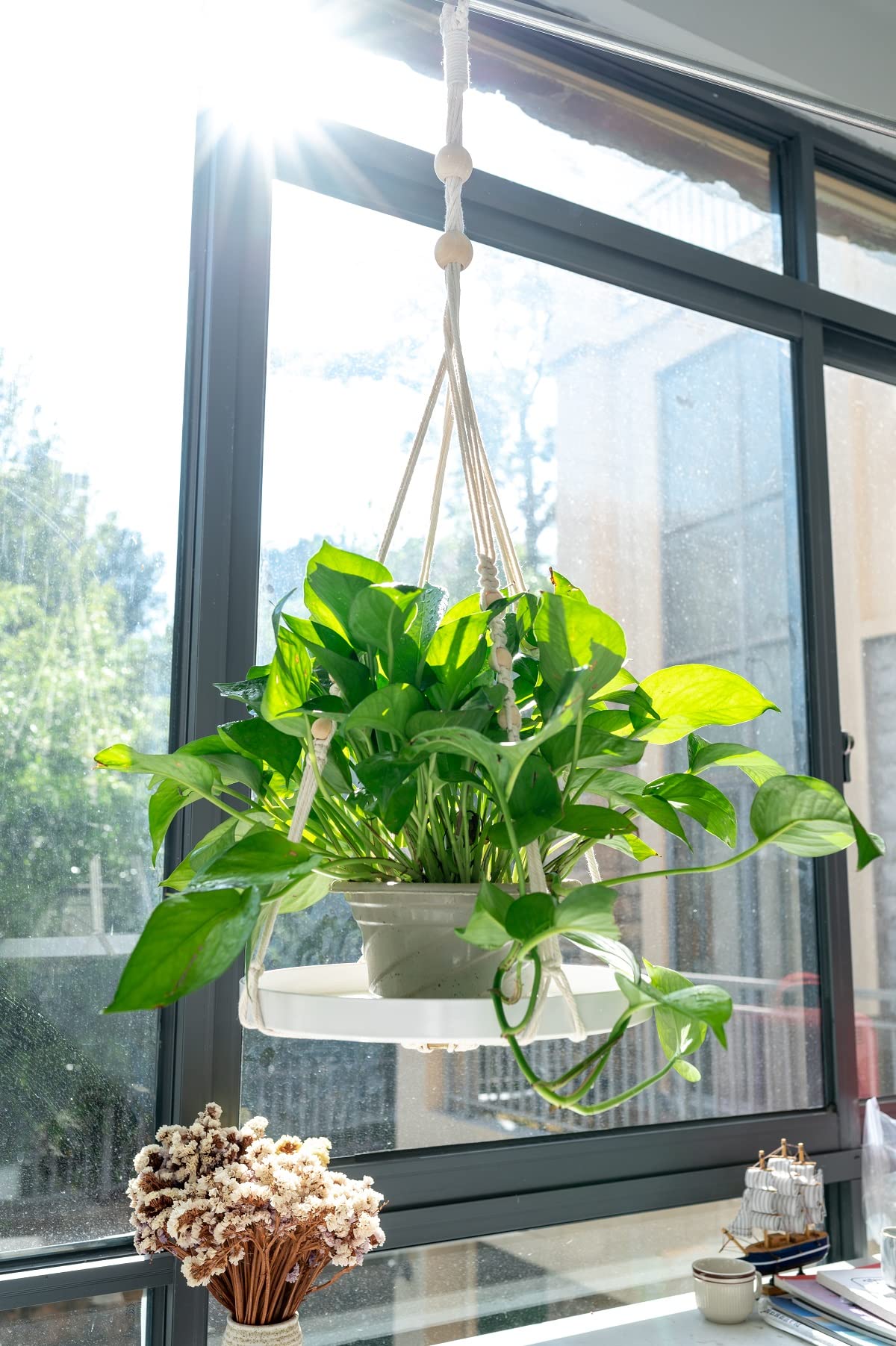 UL Source Macrame Planter Hanger with Large Tray 100% Handmade Wall Hanging Plants Bracket for Indoor Plants Home Decor Gift