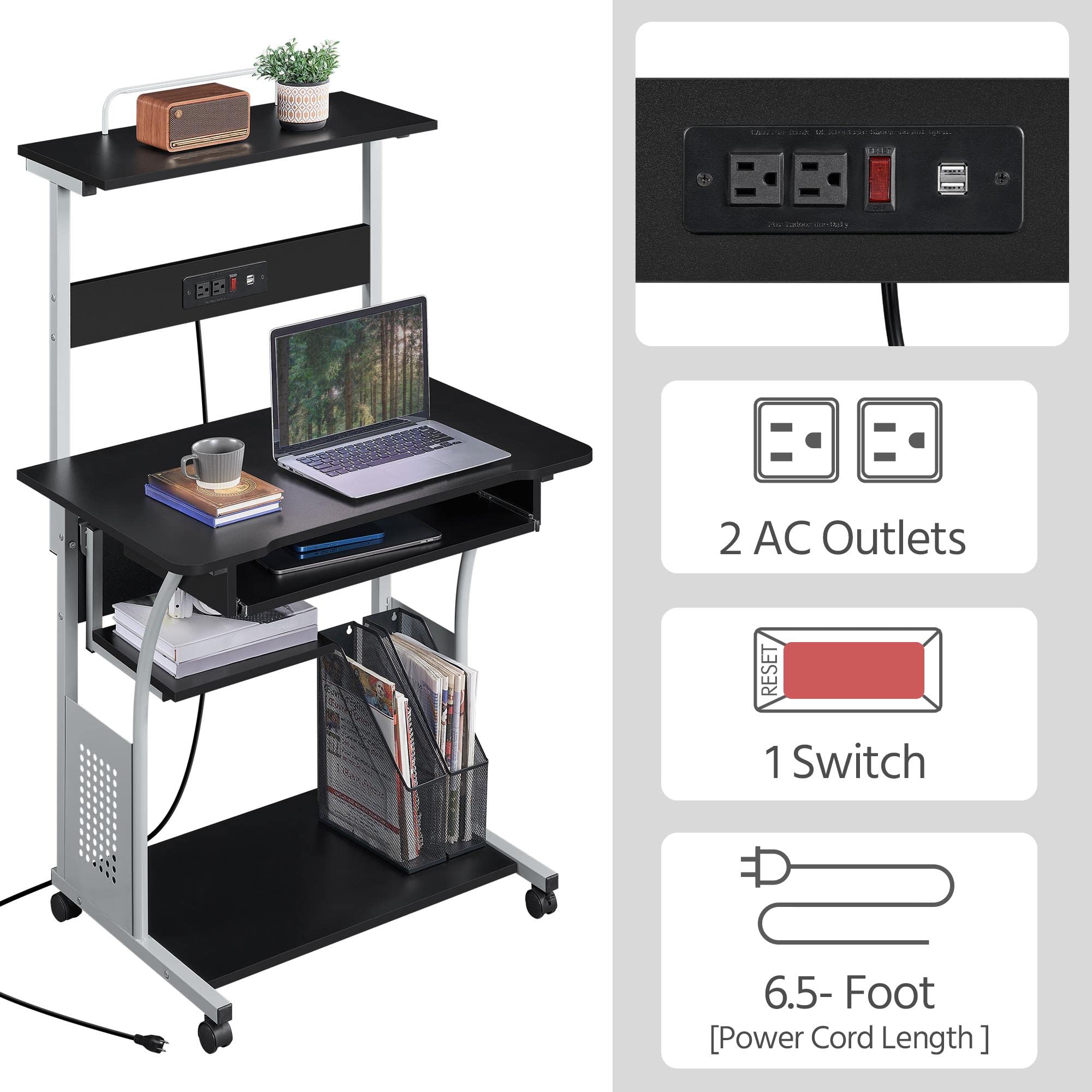 Topeakmart Rolling Computer Desk with Charging Station and 2 USB Ports for Small Space, Study Writing Desk with Keyboard Tray and Printer Shelf for Home Office, Compact Study Table with Wheels, Black