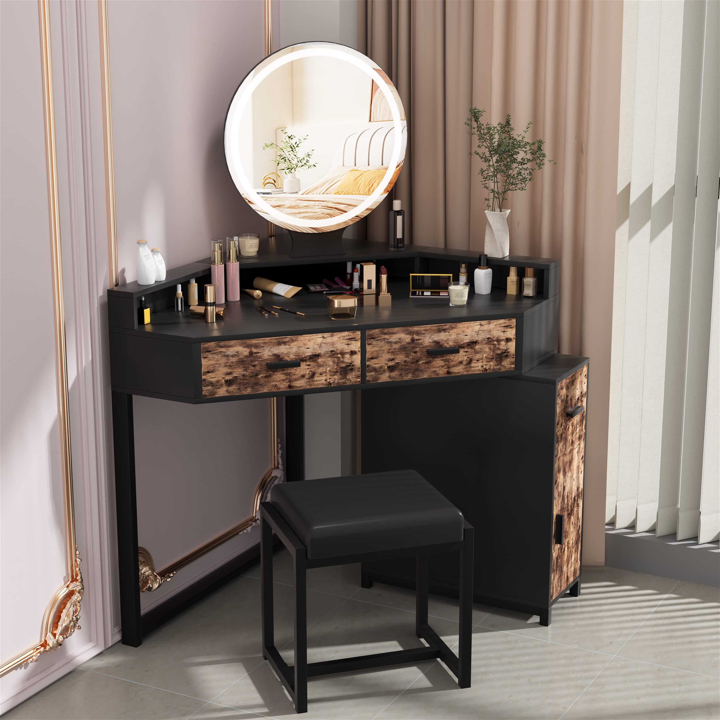 PAKASEPT Corner Vanity Set with Lighted Mirror, Makeup Dressing Table with Drawers, Cabinet and Cushioned Stool, Girls Vanity Desk for Bathroom, Bedroom