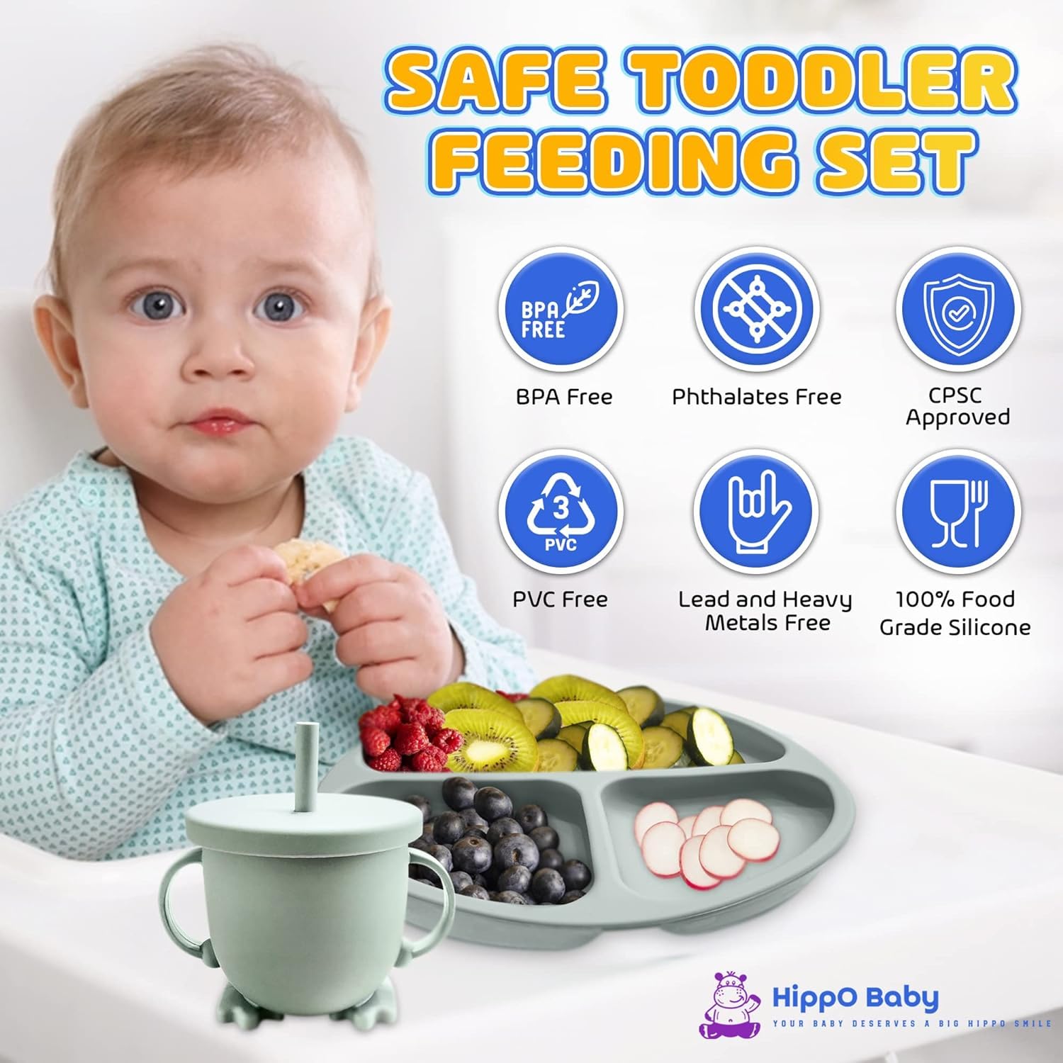 Silicone Feeding Set, Toddler Plates Bowls Set with suction, Self Feeding Spoons, Plates for Baby Utensils, Toddler Feeding Supplies