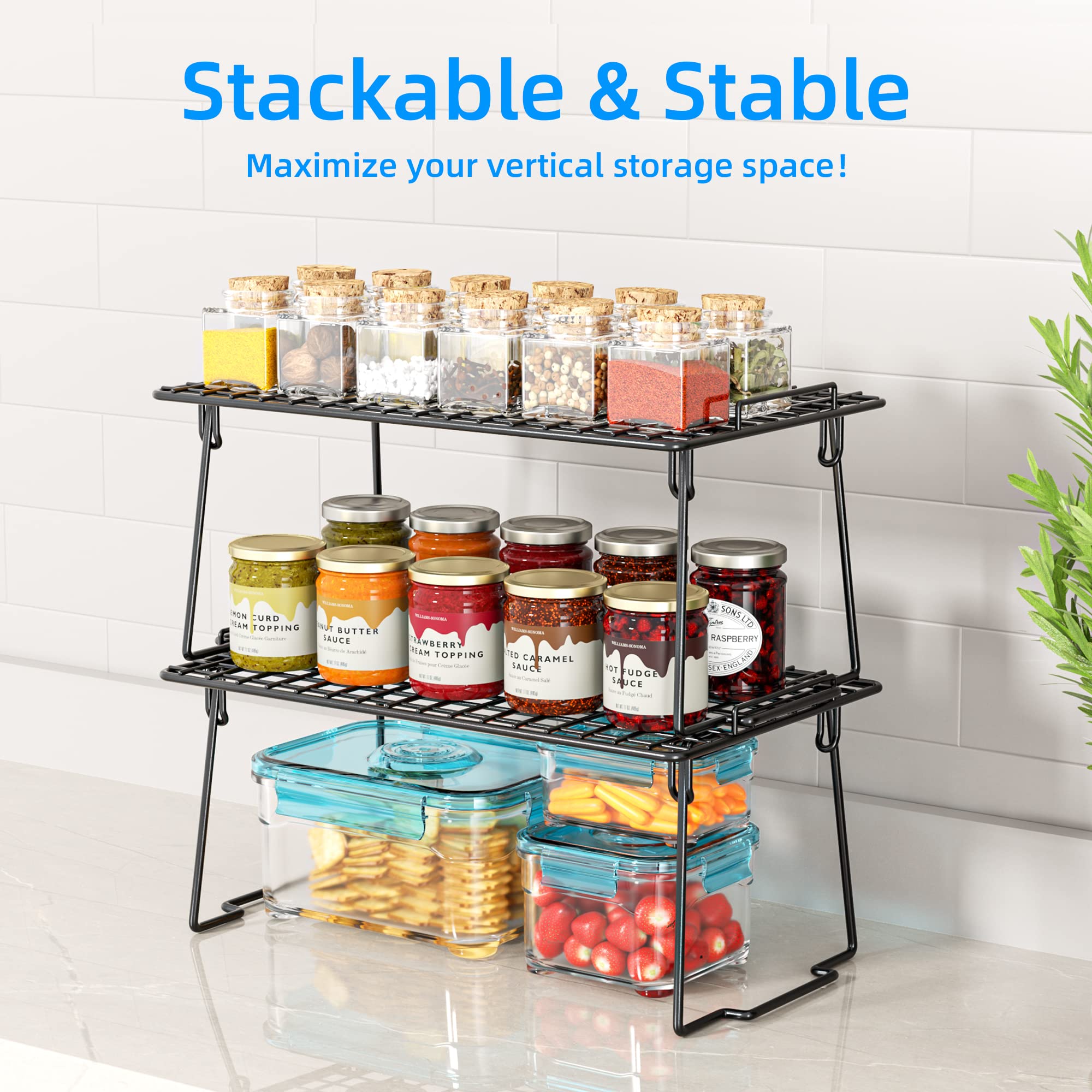 Set of 2 Stackable Kitchen Cabinet Shelves Organizer,Expandable shelf racks for kitchen cabinets,Foldable Spice Rack pantry organizer cabinet wire shelf organizer,Cupboard Organiser stacking shelving