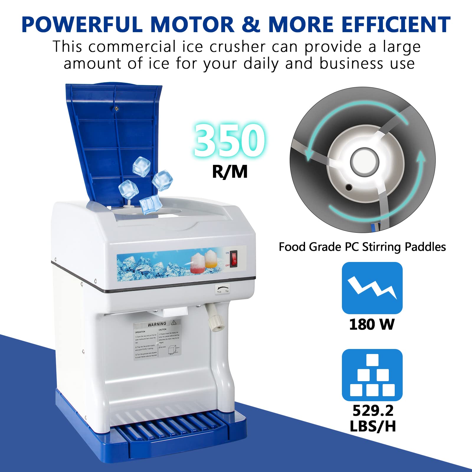 TECSPACE 110V Electric Shaved Ice Machine, 180W Ice Crusher Shaver 529.2 lbs/hr Professional Snow Cone Maker Machine for Home and Commercial Use