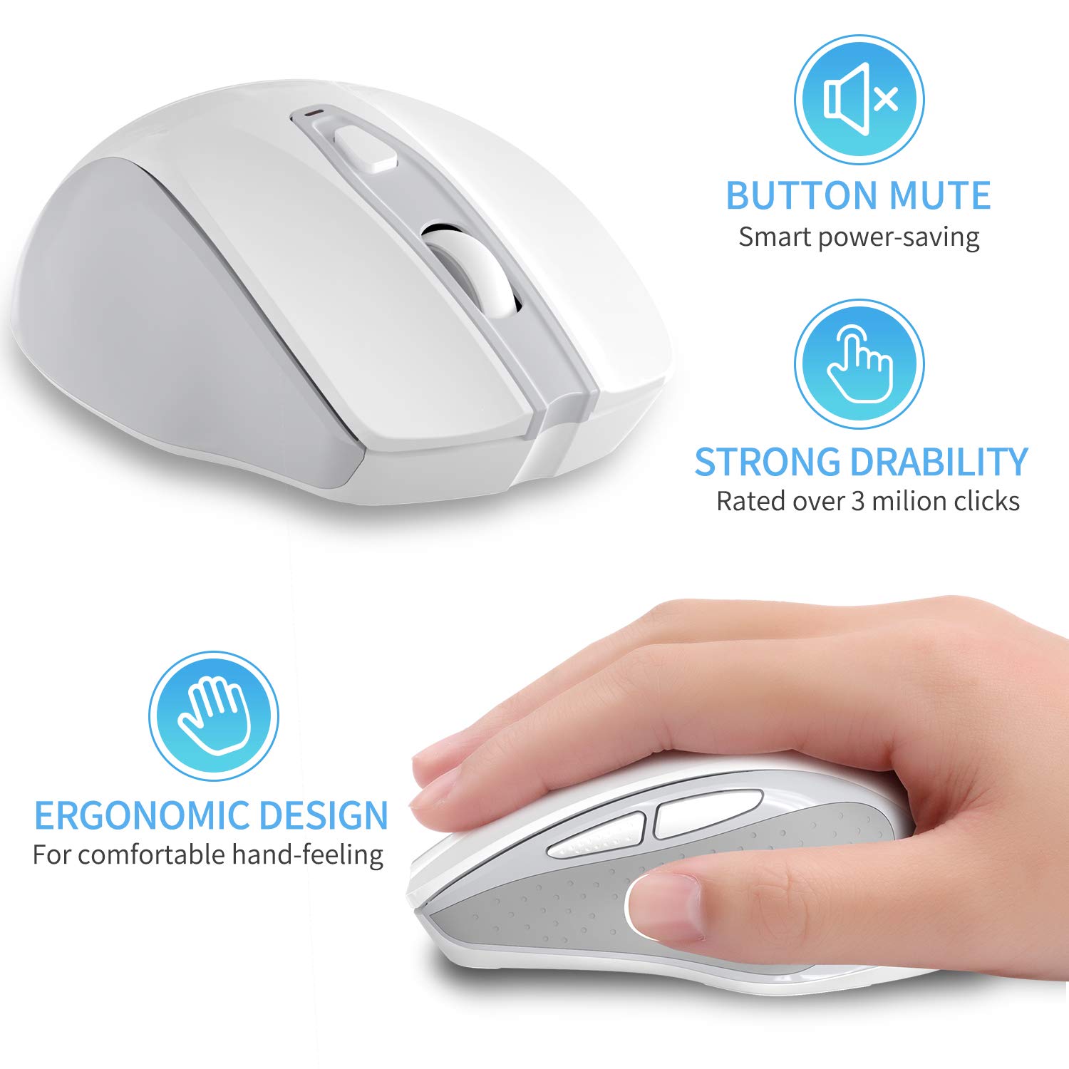 QIJIAYI Computer Wireless Mouse, 2.4G Noiseless Portable USB Mouse Ergonomic Mouse- Fit Your Hand Nicely, 3 Adjustable DPI Levels, Designed for Notebook, PC, Laptop, Computer (White)