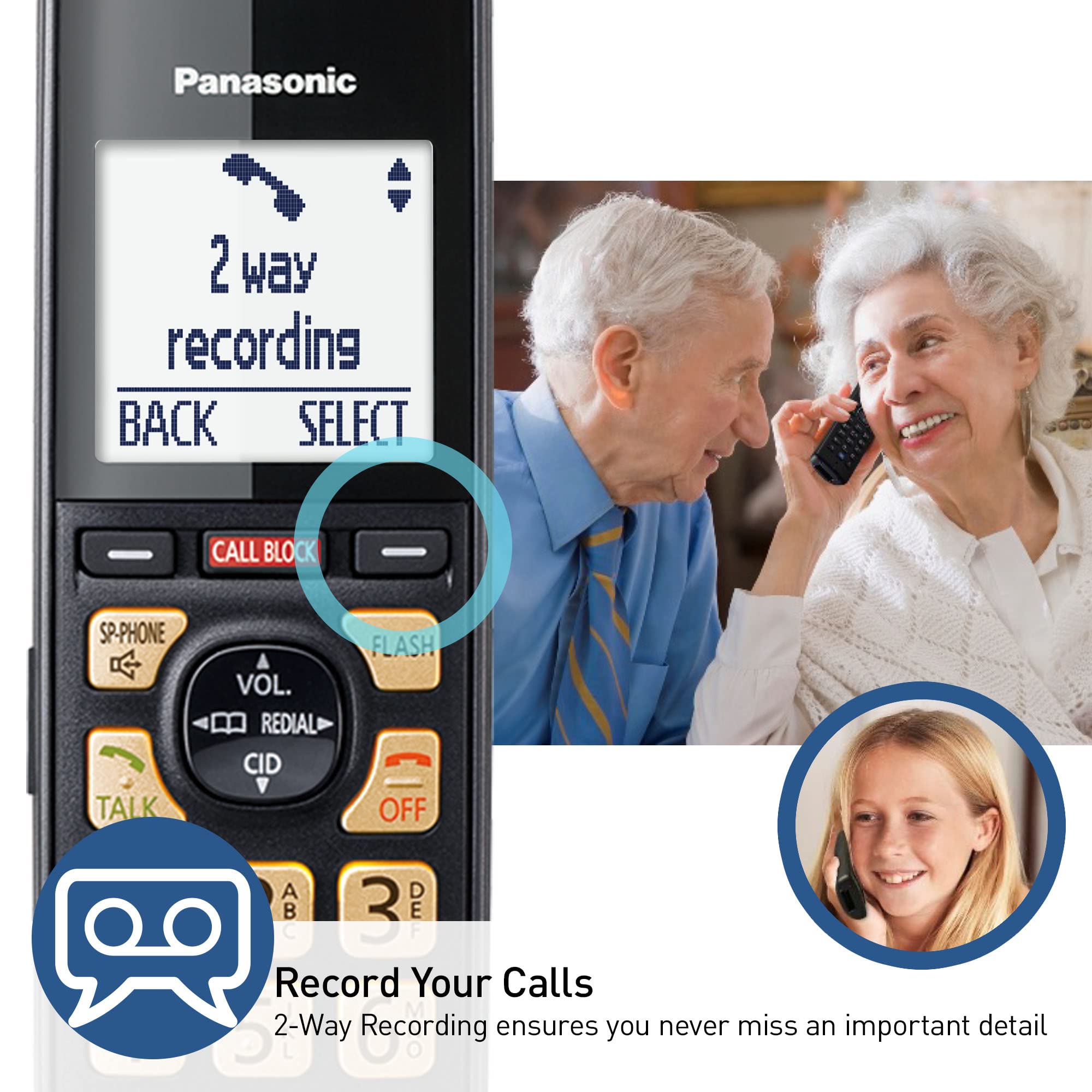 Panasonic Cordless Phone with Advanced Call Block, One-Ring Scam Alert, and 2-Way Recording with Answering Machine, 4 Handsets - KX-TGF944B (Black)