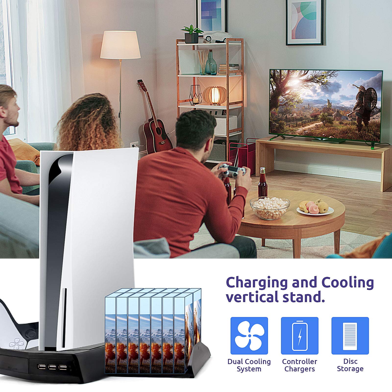 Stand with Cooling Fan and Dual Controller Charger for PS5, KRX All-in-One Design Accessories for Playstation 5 Digital Edition & Dualsense, Console System Charging & Cooling Station for PS5