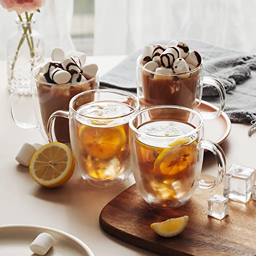 Ulrikco 12oz Double Walled Glass Coffee Mugs with Handle, Clear Cappuccino Glass Mug Set of 4, Insulated Layer Coffee Cups, Clear Borosilicate Glass Mugs, Glasses Espresso Mugs for Coffee