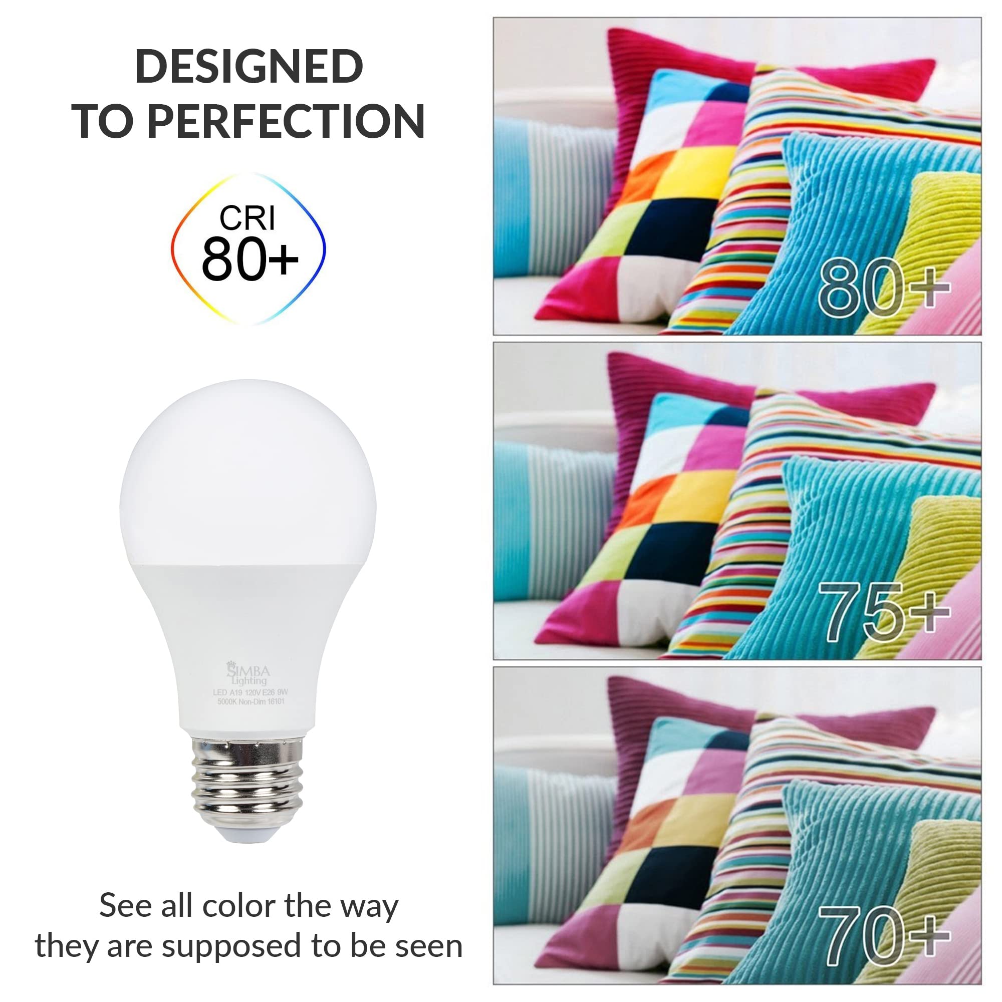 Simba Lighting LED A19 Light Bulbs (4 Pack) 9W 60W Equivalent Standard Size Energy Efficient for Home Applications, E26 Medium Base, 5000K Daylight