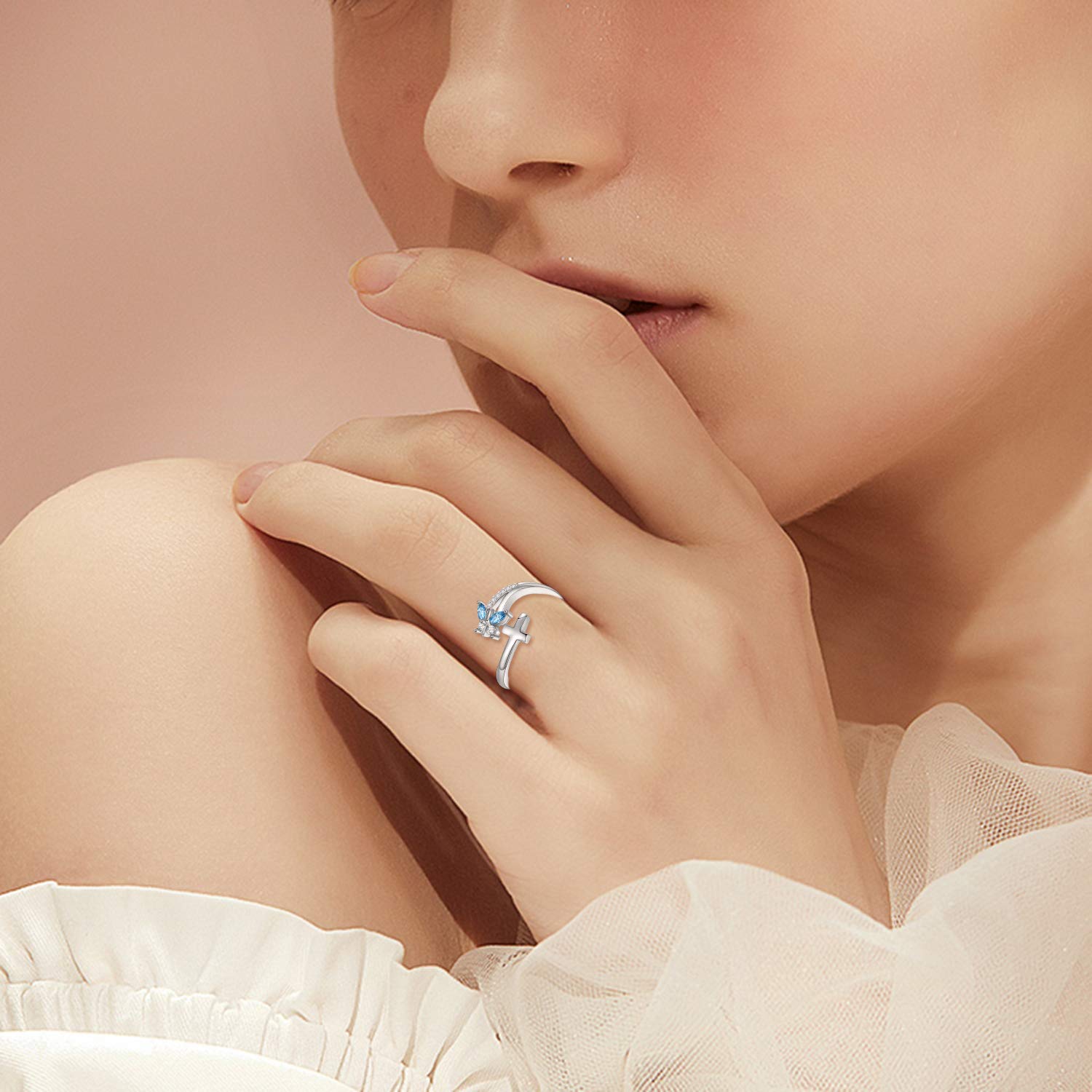 POPLYKE Butterfly Ring 925 Sterling Silver Butterfly Jewelry Gifts for Women (Cross Butterfly)