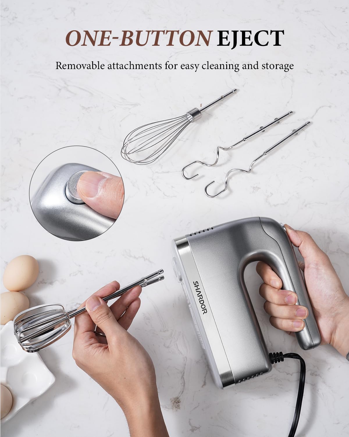 SHARDOR Hand Mixer, 450W Handheld Mixer with Storage Case 5-Speed Plus Turbo Hand Mixer Electric With 5 Stainless Steel Attachments(2 Beaters, 2 Dough Hooks and 1 Whisk), Silver