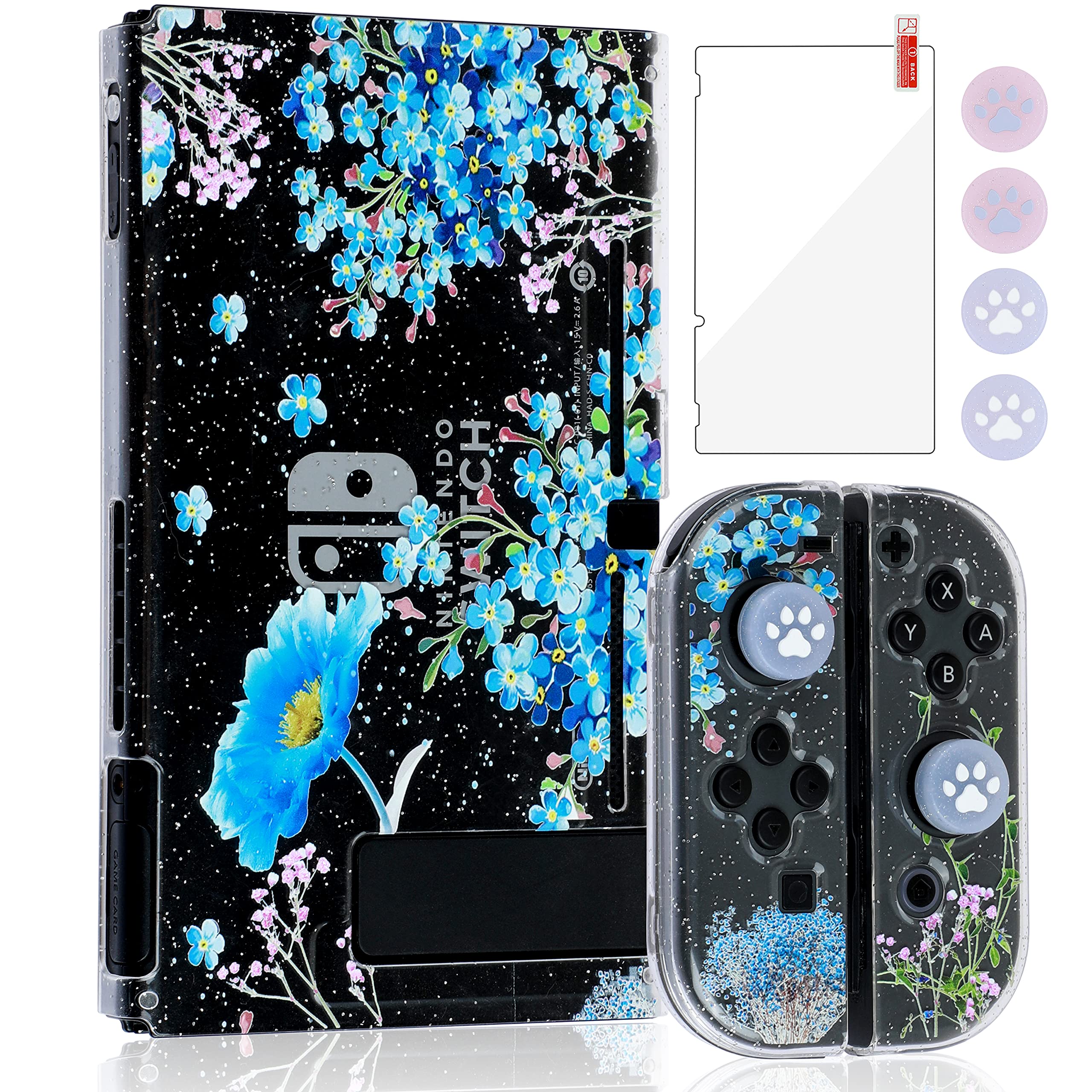 ThreeShip Kawvisy Dockable Crystal Case for Switch, Glitter Switch Cover with 4 Cute Cat Claw Thumb Grips and Screen Protector, Sparkle Switch Case(Blue Flower)