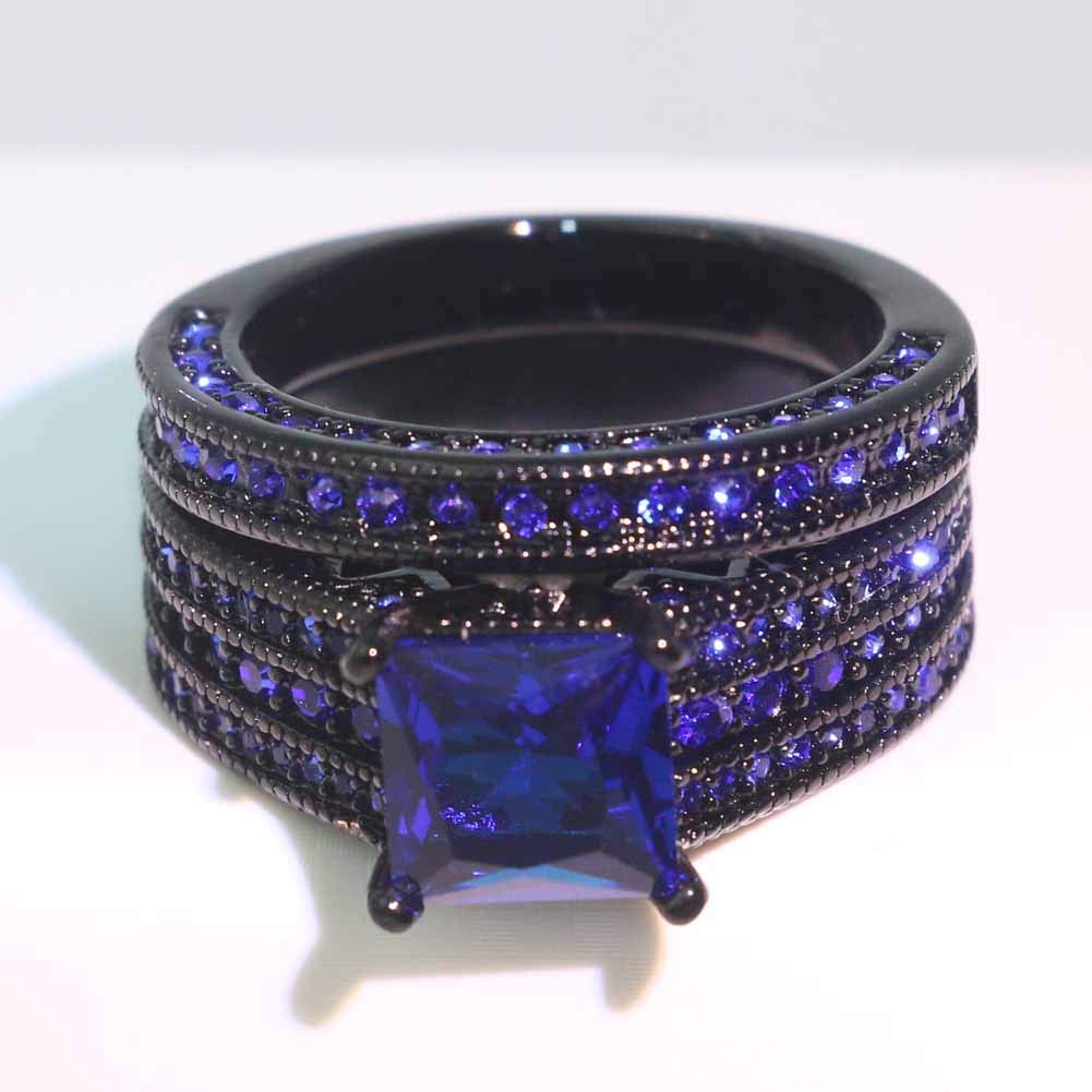 Ringcrown Couple Rings Black Gold Filled Princess Cut Blue Cz Womens Wedding Ring Sets Man Tungsten Wedding Band(Please Buy Two Rings for one Pair)