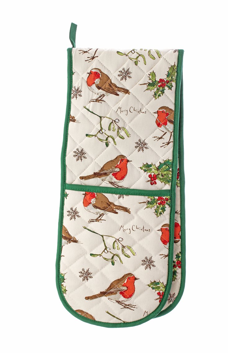 Ulster Weavers Double Oven Glove - Heat Resistant, 100% Cotton & Polyester, Machine Washable - Perfect for Cooking, Baking and Serving, Robins & Holly, Beige