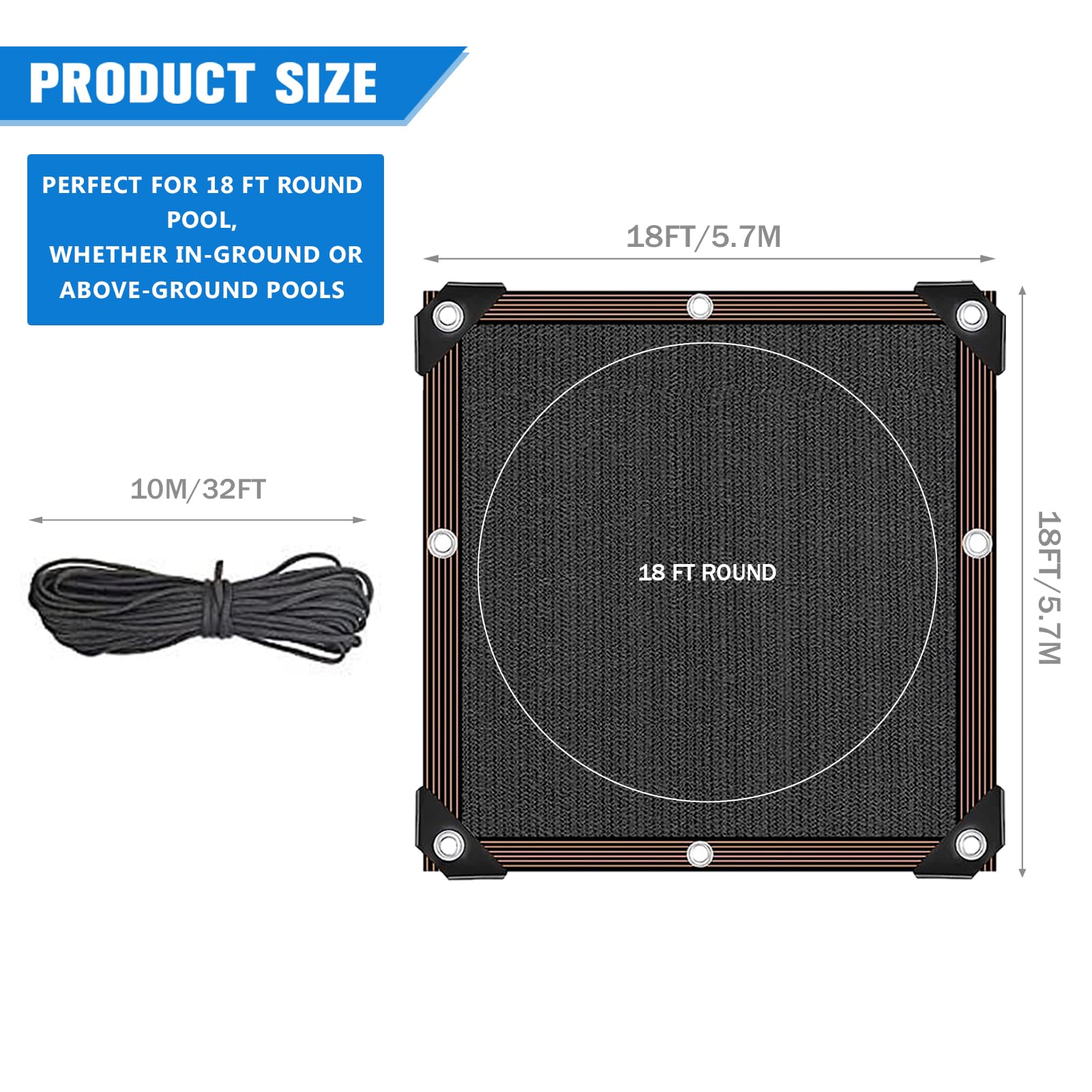 Pool Leaf Net Cover 18 ft Round, Fine Mesh 18 ft Pool Covers for Above Ground Pools, Winter Pool Cover 18 ft Round Above Ground, Pool Net Cover Safety with 10m Rope, Lightweight & Easy to Store, Black