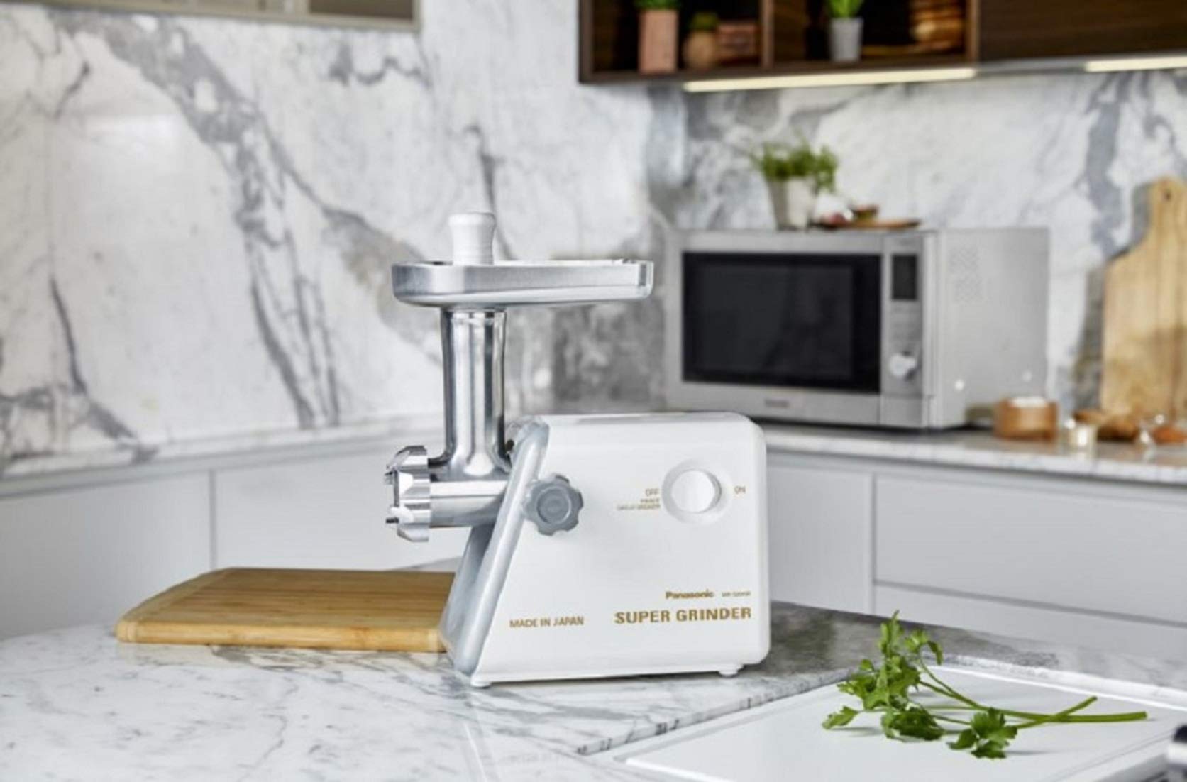 Panasonic Meat Grinder, Electric Heavy Duty with Sausage Stuffer and Kubbe Maker Attachments, Precision Japanese Technology, Multifunctional Tabletop, 1, White