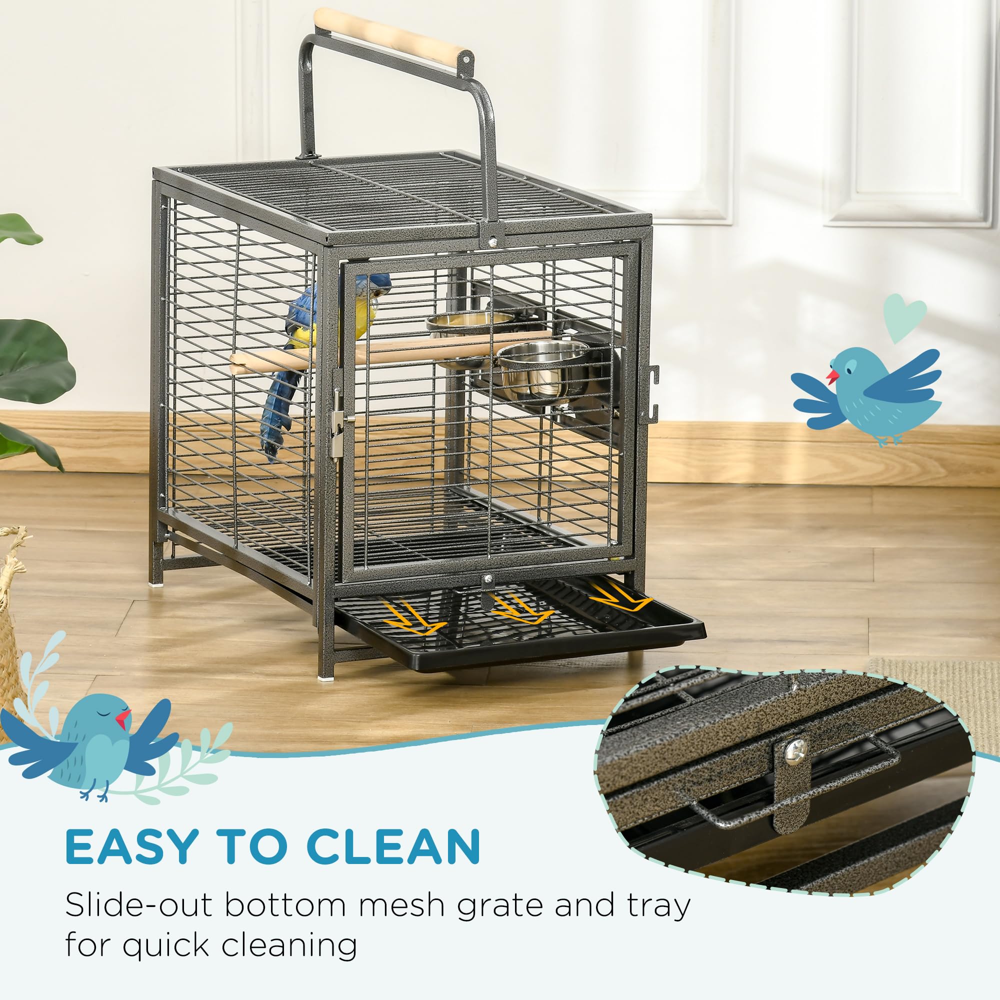 PawHut 18" Heavy Duty Wrought Iron Travel Bird Cage Carrier with Handle Perch and Accessories - Black