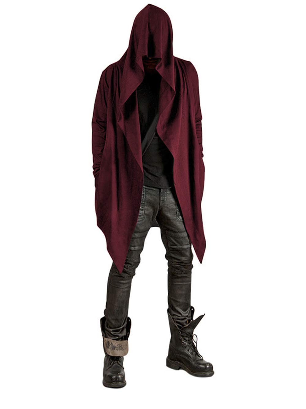 Poriff Mens Sleeveless Hooded Cardigan Asymmetrical Long Sweater Hooded Wine Red M