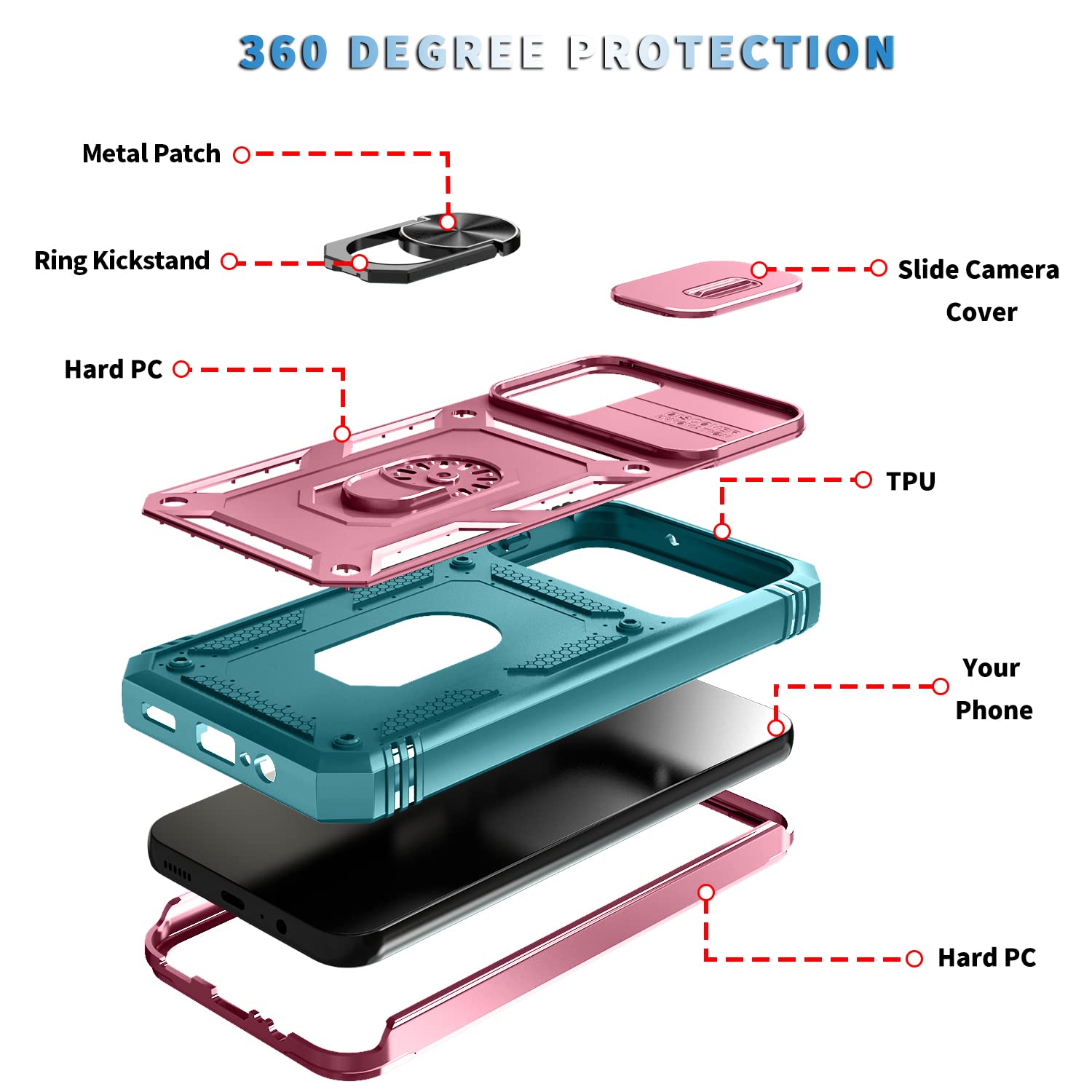 PASNEW for Samsung Galaxy A14 5G Case,Kickstand & Slide Camera Cover, Military Grade Heavy Duty Full Body Shockproof Multi-Layer Shell for A14 4G,6.6 inch,Pink Green