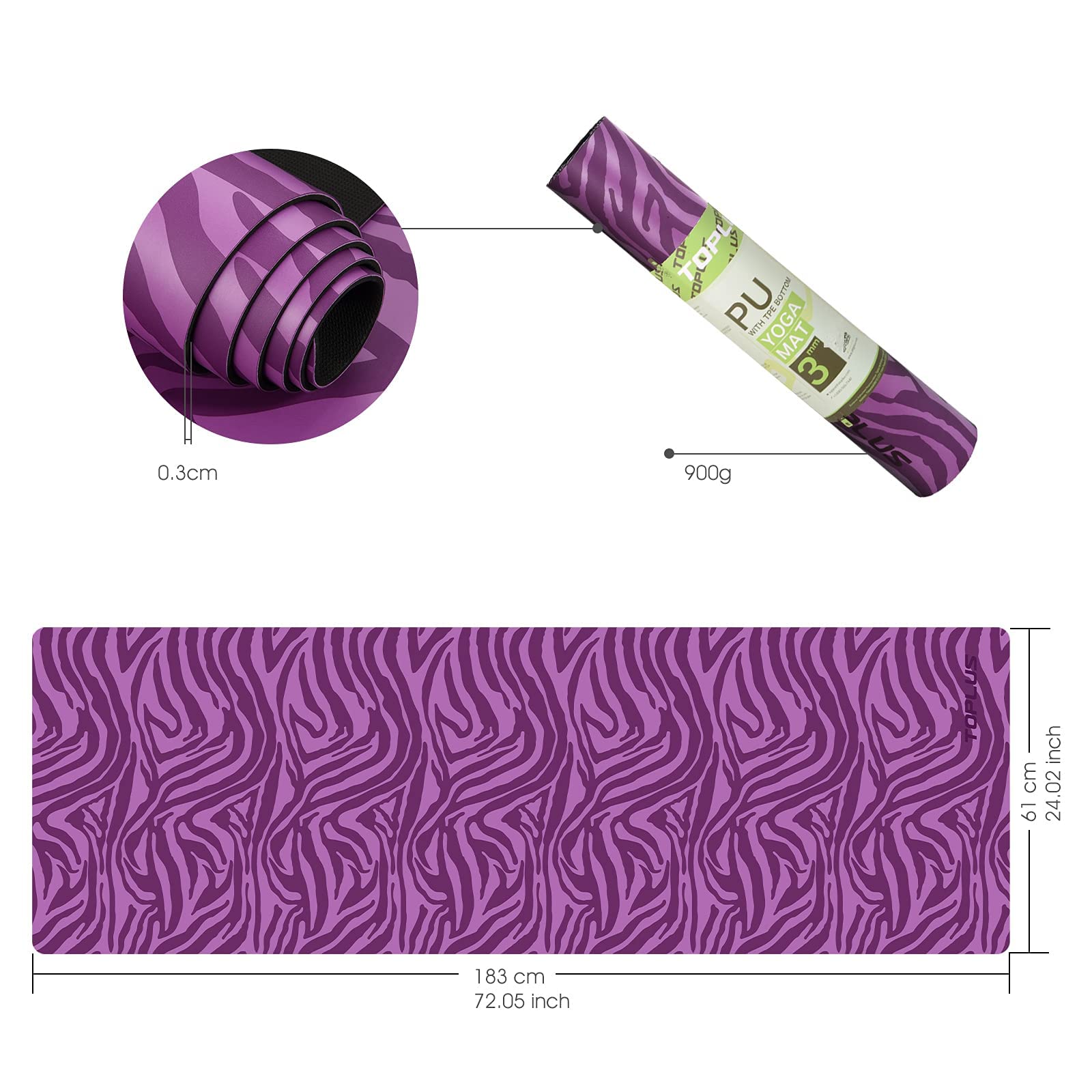 Yoga Mat, TPE Yoga Mat Fitness Exercise Mat with Strap