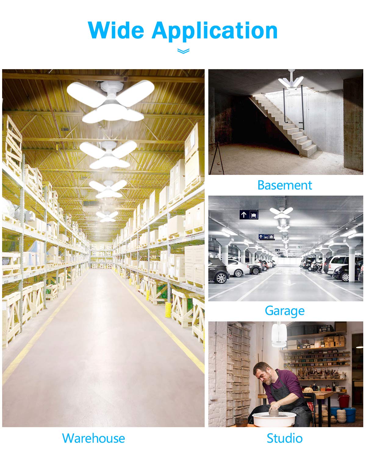 Samsion LED Garage Lights 2 Pack 60W Deformable Garage Light Ceiling LED 6000lm Daylight White 6500K E26 E27 Tribright LED Workshop Light with 4 Adjustable Panels for Basement Barn Storage Warehouse