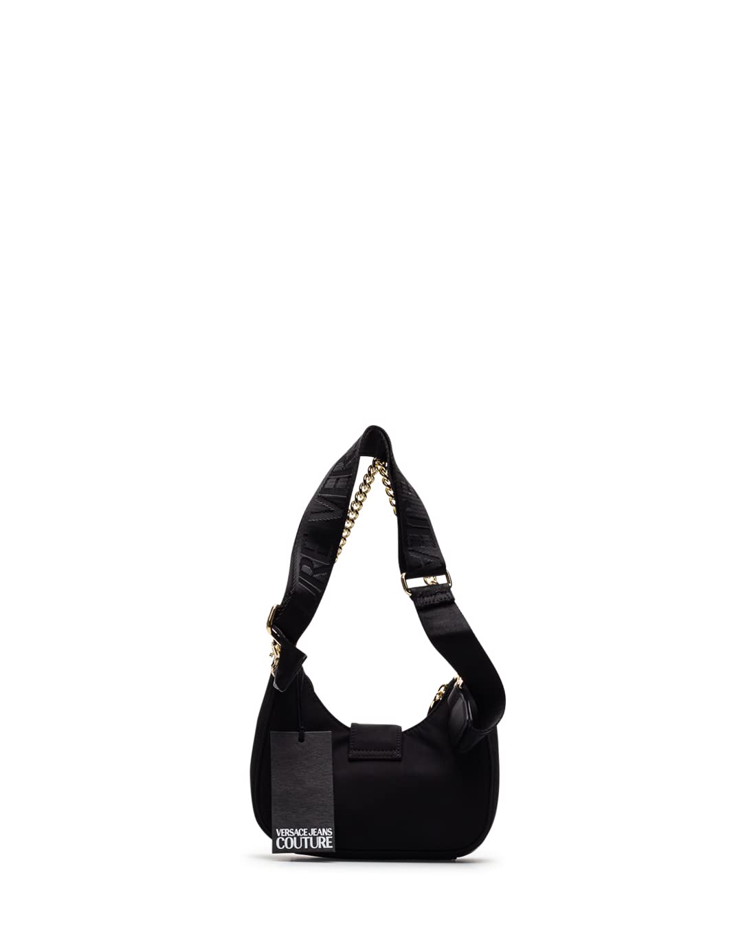 VERSACE JEANS COUTURE CROSSBODY BAG IN BLACK NYLON WITH GOLD STUDS AND CHAIN SHOULDER STRAP 73VA4BFGZS439